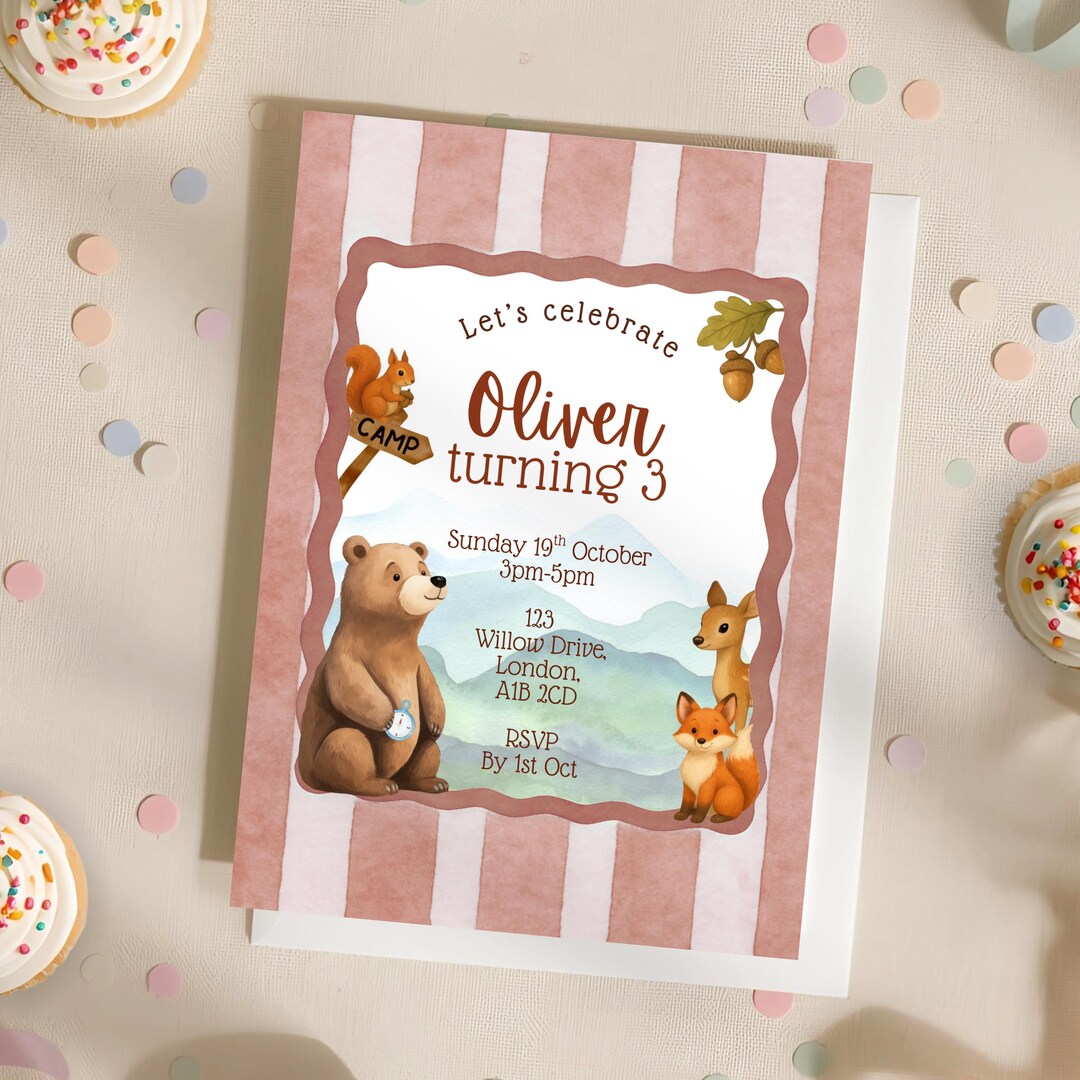 Wilderness Birthday Adventure Invite | Woodland Bear & Forest Animals ...