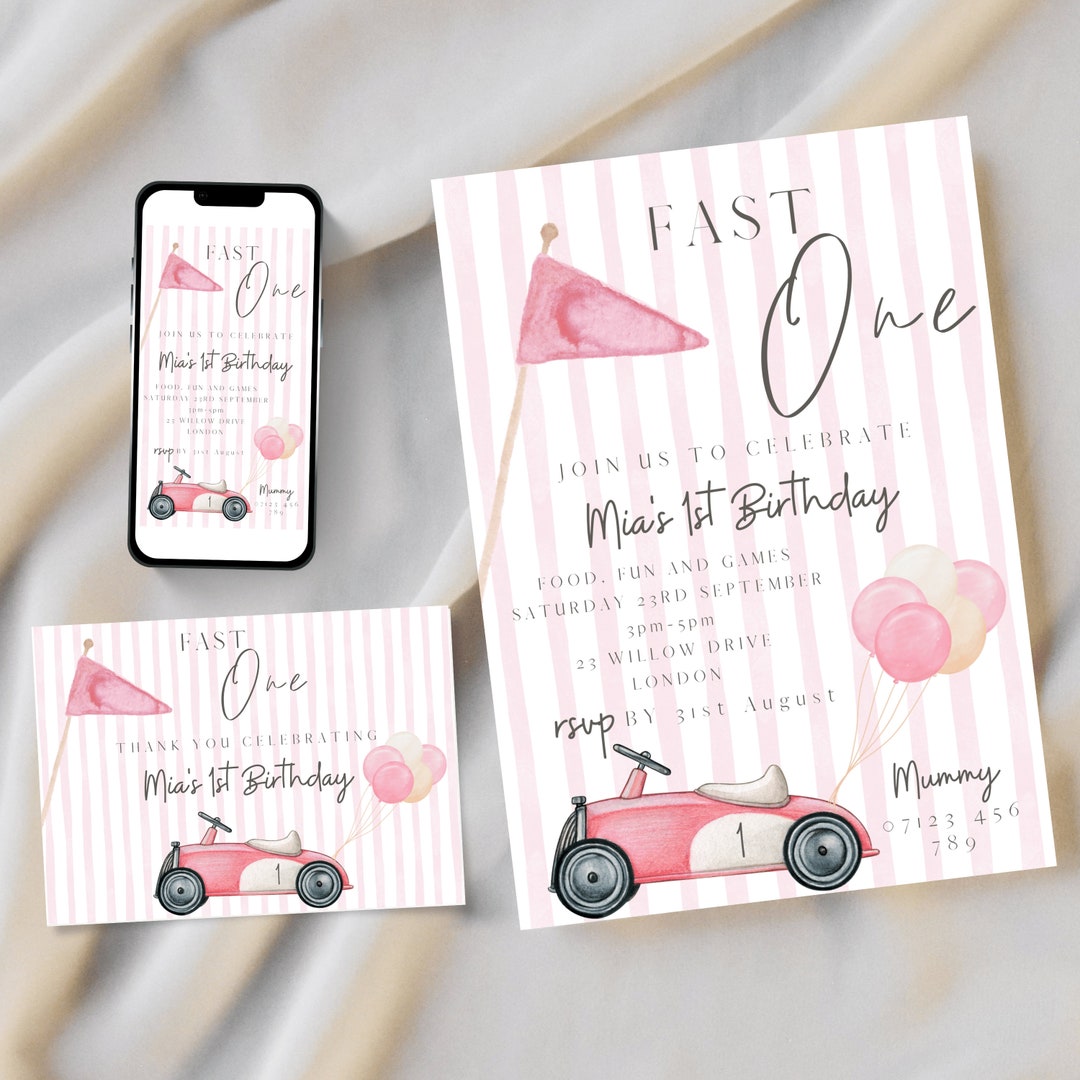 Fast One Birthday Invitation Set, First Birthday Invite, Printable ...
