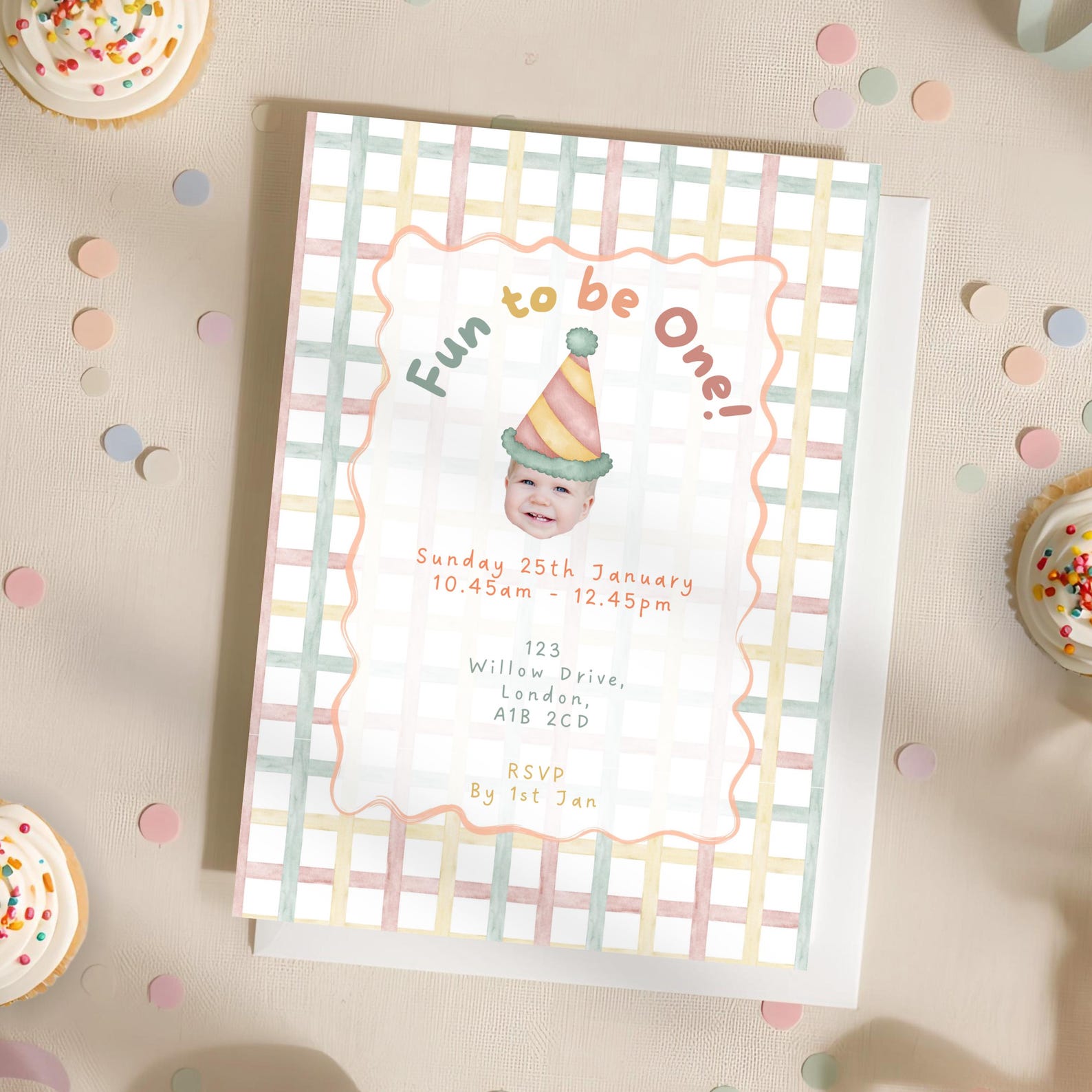 Fun to Be One Pastel Gingham Birthday Invitation – Editable Canva ...