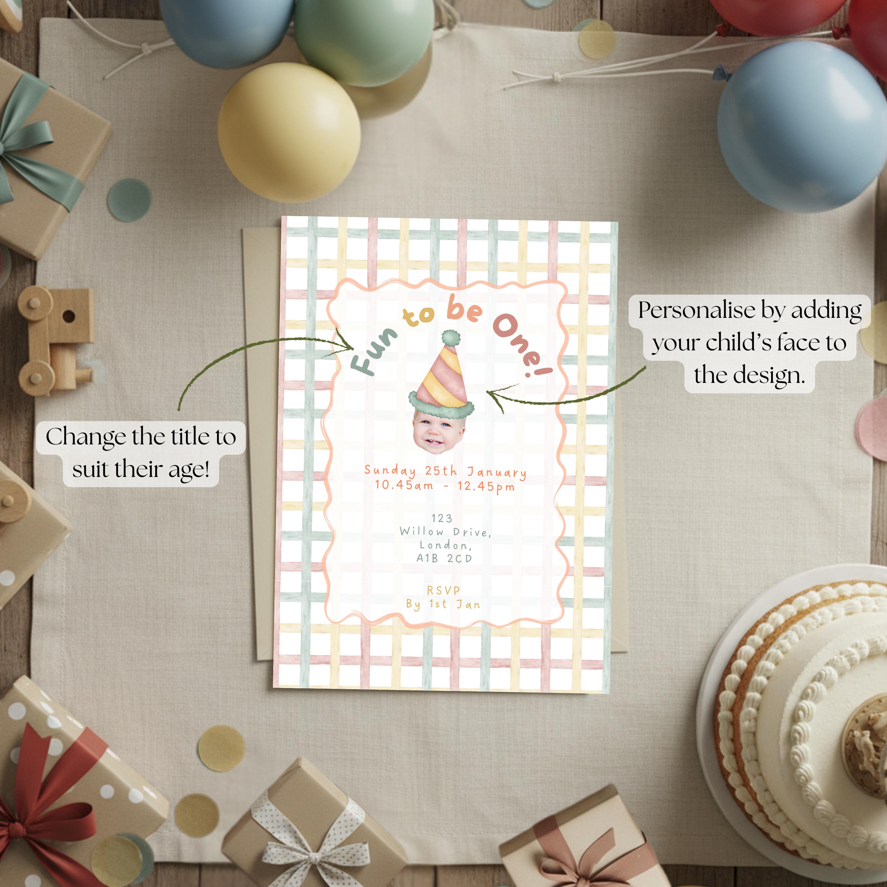 Fun to Be One Pastel Gingham Birthday Invitation – Editable Canva ...