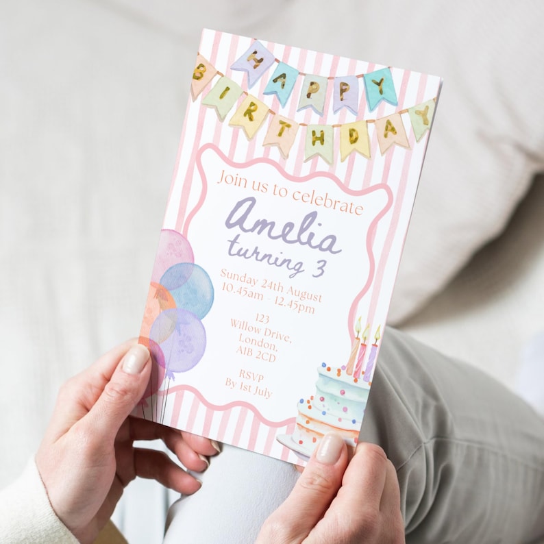 Pink Stripe Birthday Invitation | Editable Girls Party Invite | Vintage ...