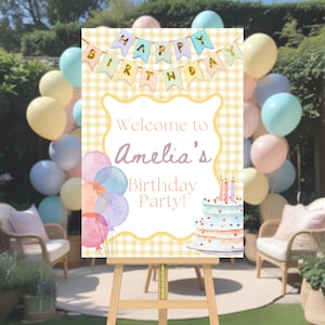 Yellow Gingham Birthday Welcome Sign | Editable Party Sign | Vintage ...