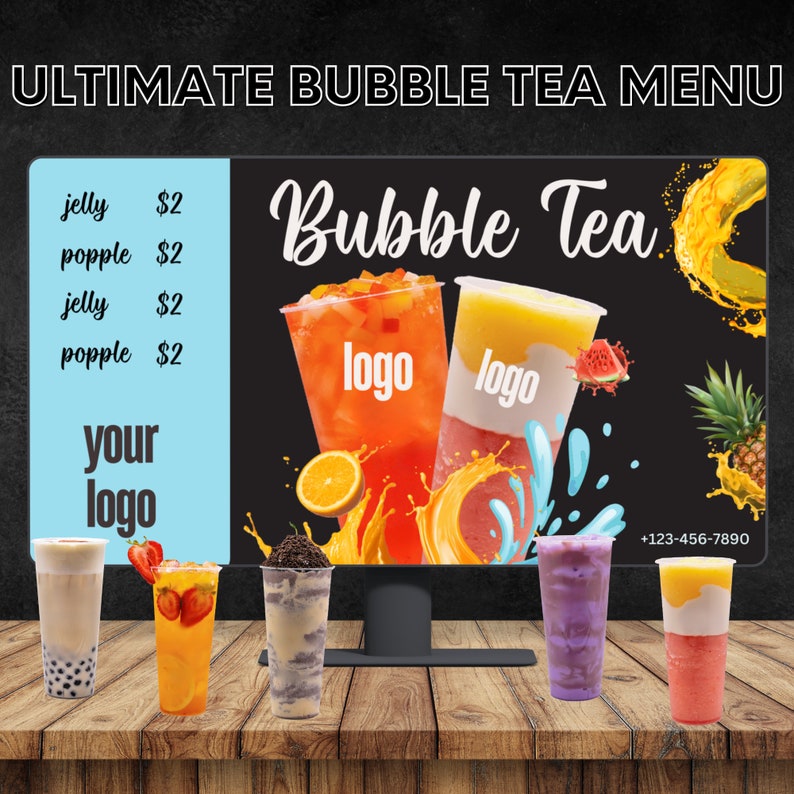 Bubble Tea Menu Board Template: Editable Digital TV Display (static ...