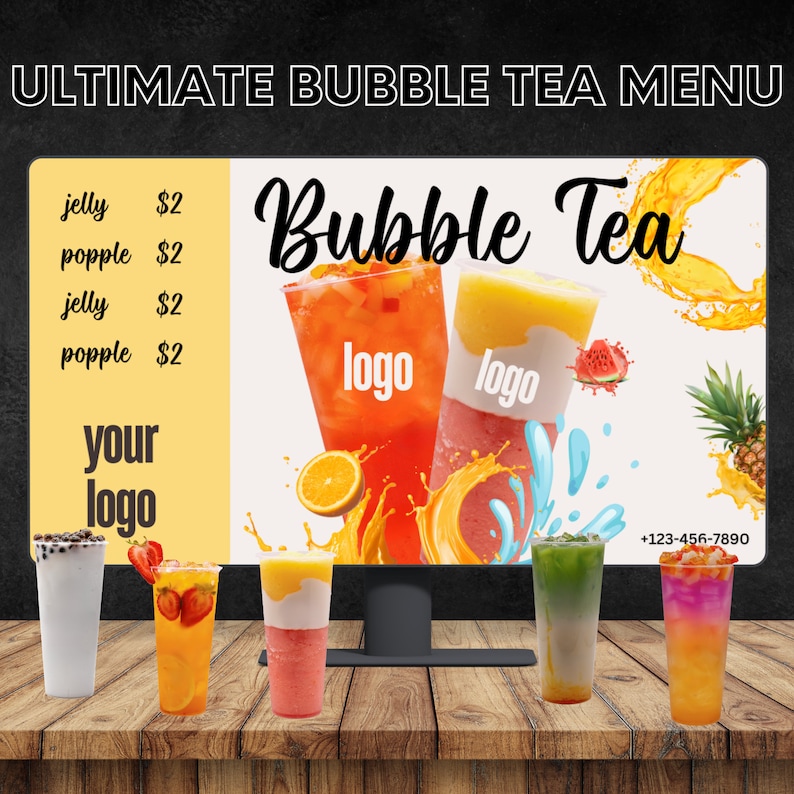 Bubble Tea Menu Board Template: Editable Digital TV Display (static ...