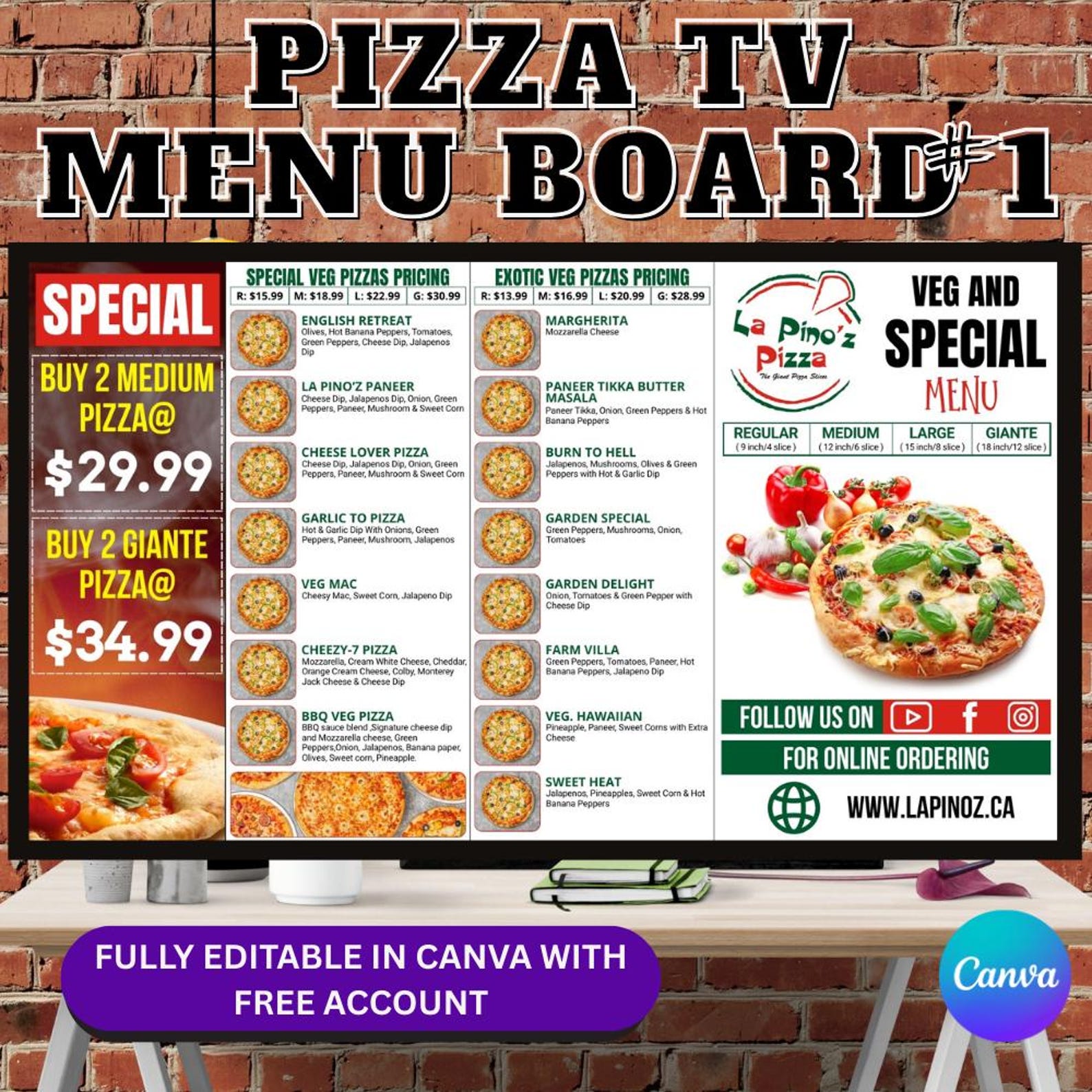 SEVEN in 1 Digital Pizza Menu Board Template for TV | Editable ...