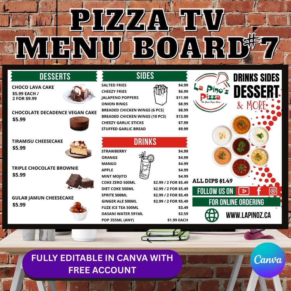 SEVEN in 1 Digital Pizza Menu Board Template for TV | Editable ...