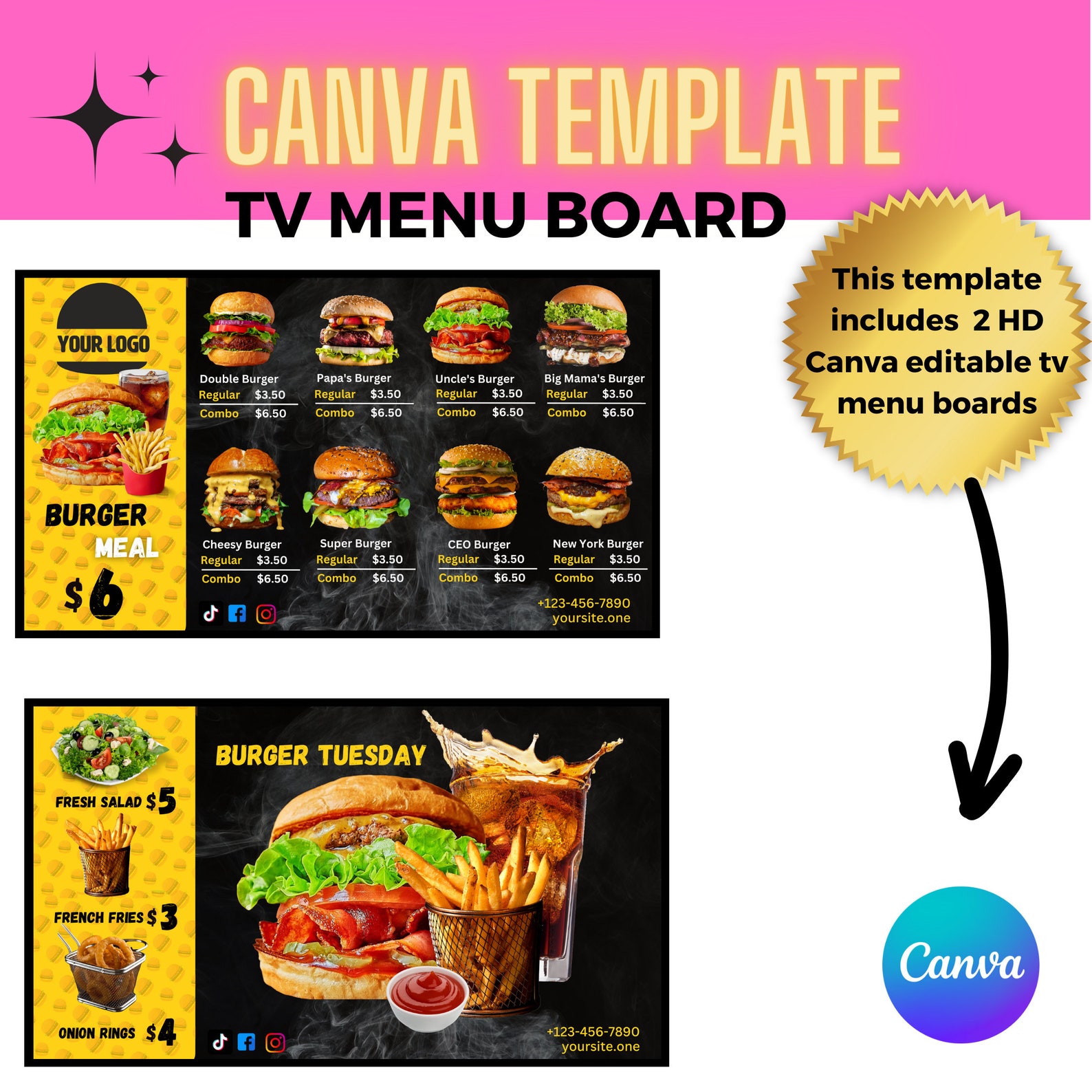 Restaurant TV Menu Board Templates: 10-in-1 Canva Designs (digital ...