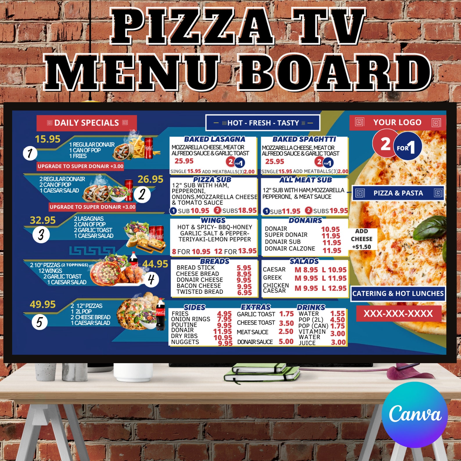 PIZZA TV MENU Board 2 in 1 Template 5 Full Pages Including Bonus ...