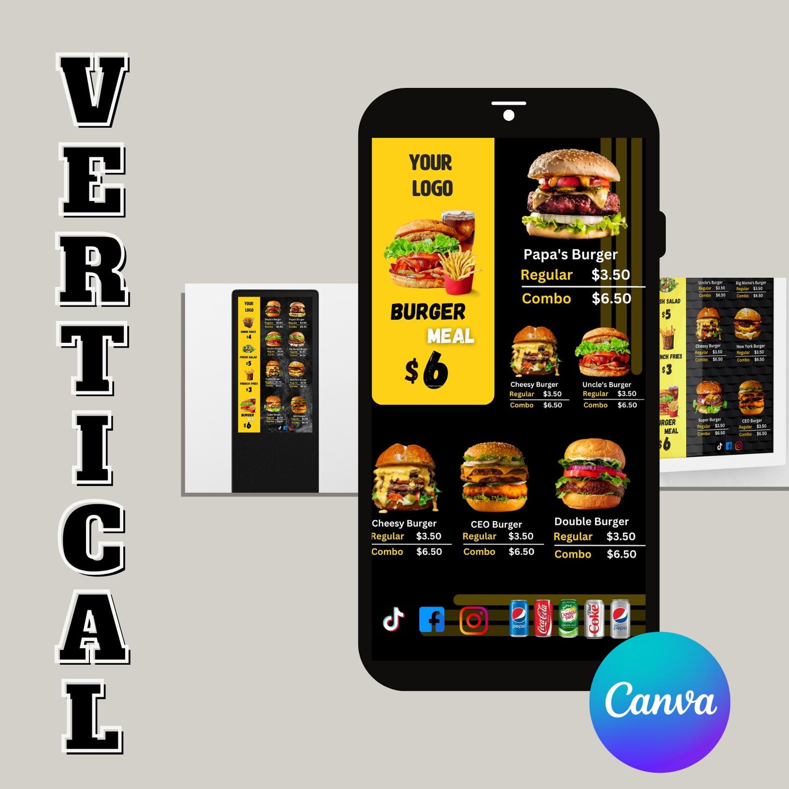 Vertical TV Restaurant Menu Board: Editable Digital Signage Mockup - Etsy