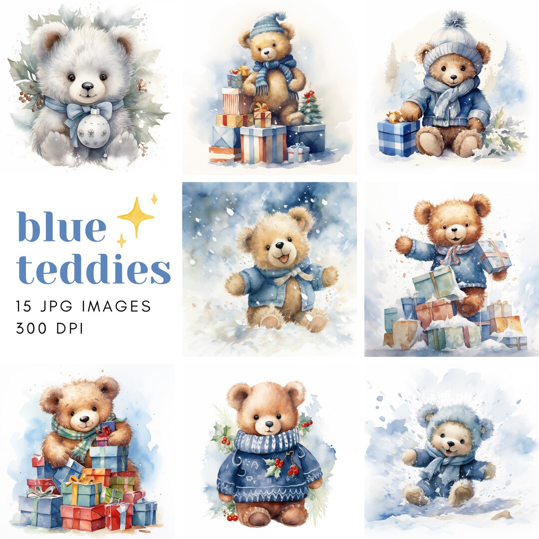 Printable Blue Teddy Bear Watercolor Clipart Christmas Card, Wall Art ...