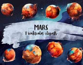 Planet Mars Watercolor Clipart Bundle Detailed Solar System Art for ...