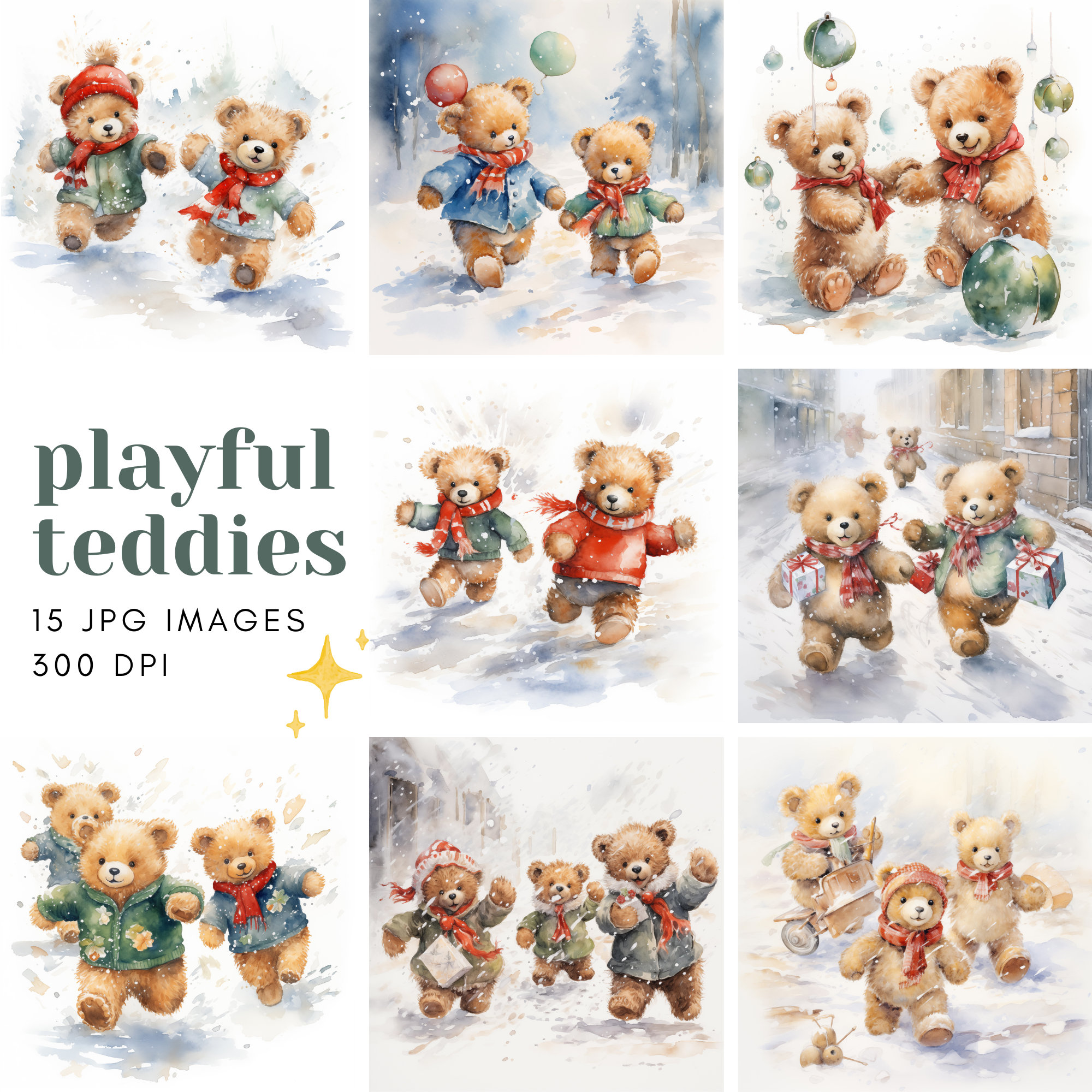 Playful Teddy Bears Watercolor Clipart Christmas Card and Wall Art ...