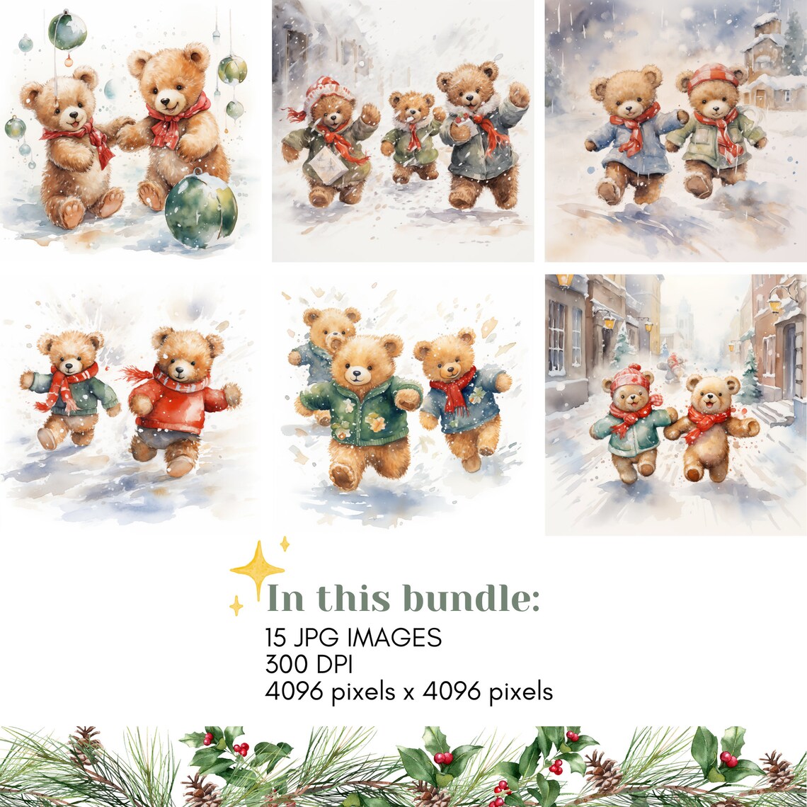 Playful Teddy Bears Watercolor Clipart Christmas Card and Wall Art ...