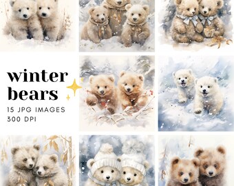 Playful Teddy Bears Watercolor Clipart Christmas Card and Wall Art ...