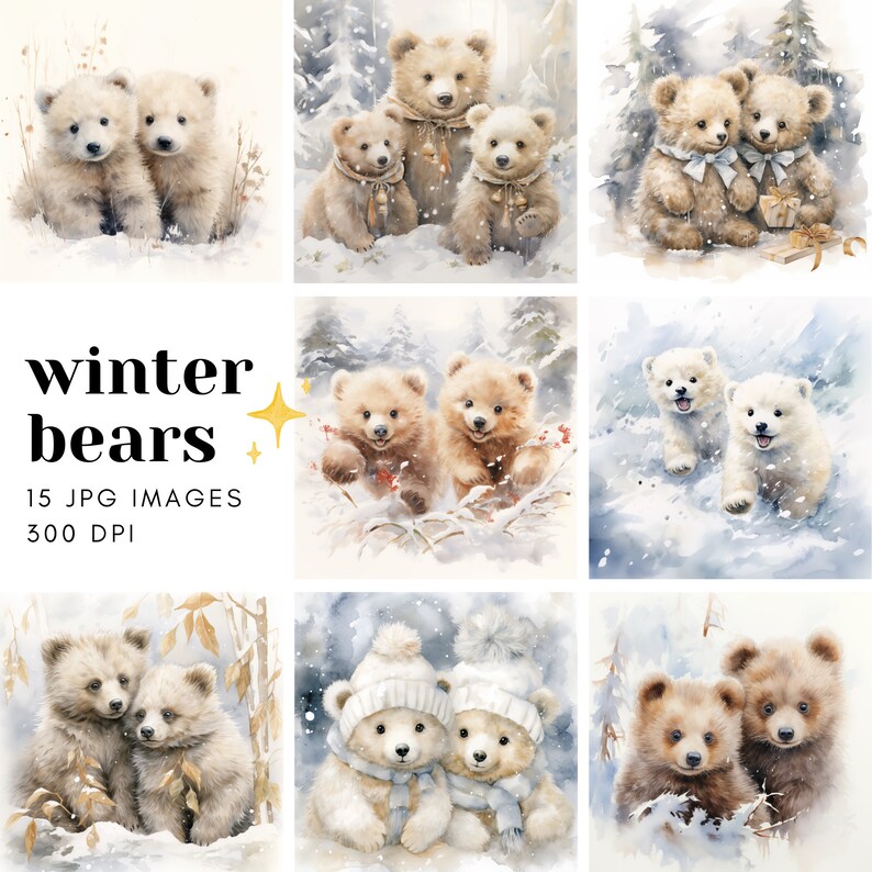 Winter Bears Watercolor Clipart Cozy Christmas Card and Wall Art Bundle ...
