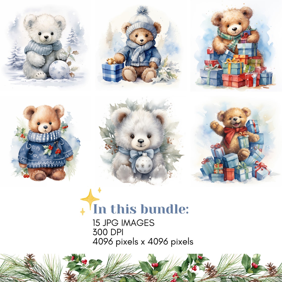 Printable Blue Teddy Bear Watercolor Clipart Christmas Card, Wall Art ...