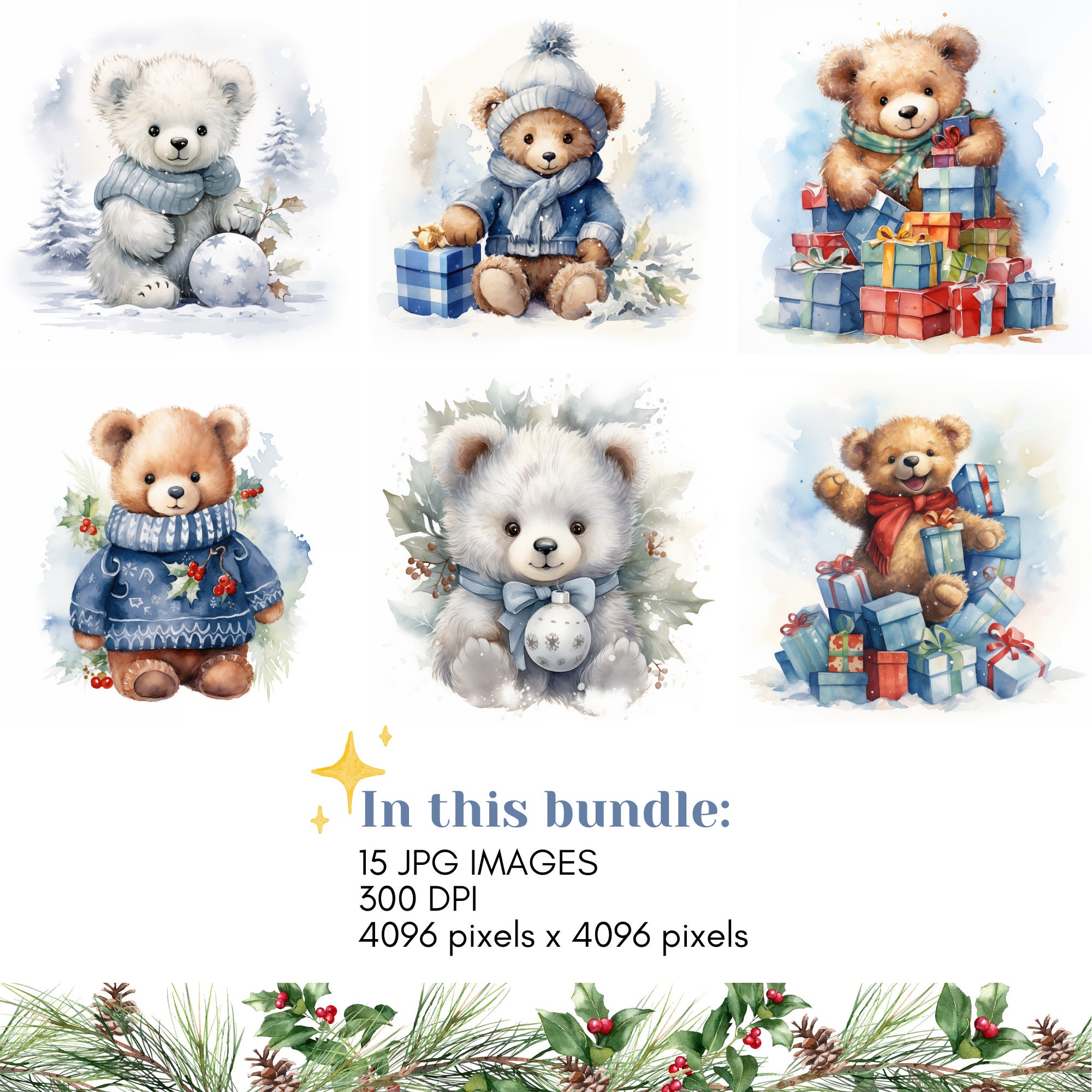 Printable Blue Teddy Bear Watercolor Clipart Christmas Card, Wall Art ...