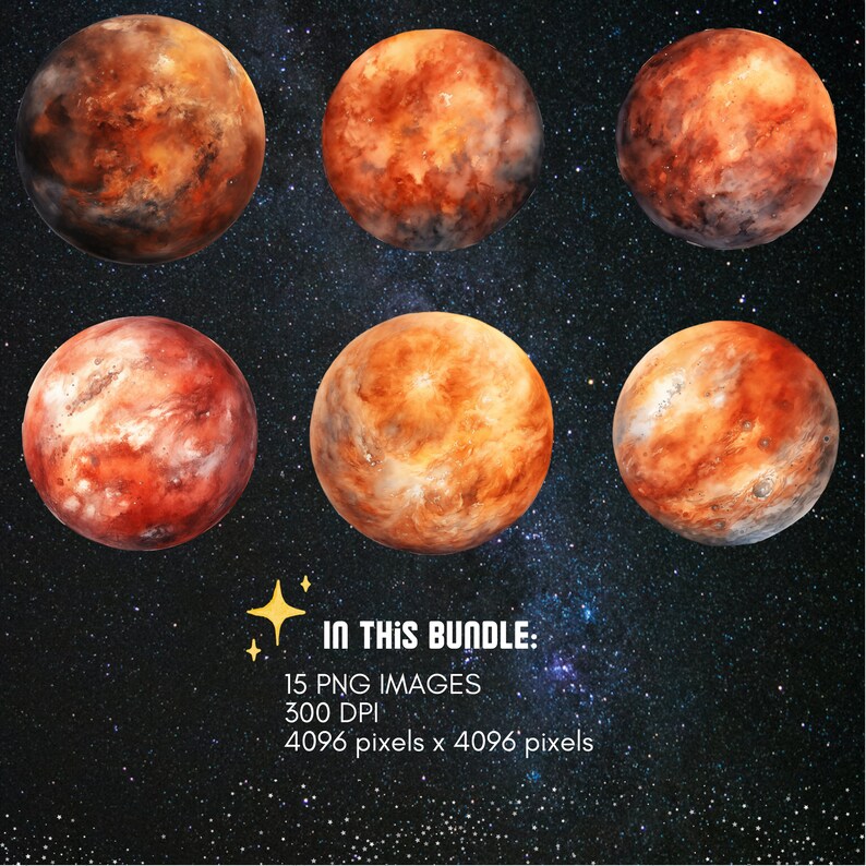 Planet Mars Watercolor Clipart Bundle Detailed Solar System Art for ...