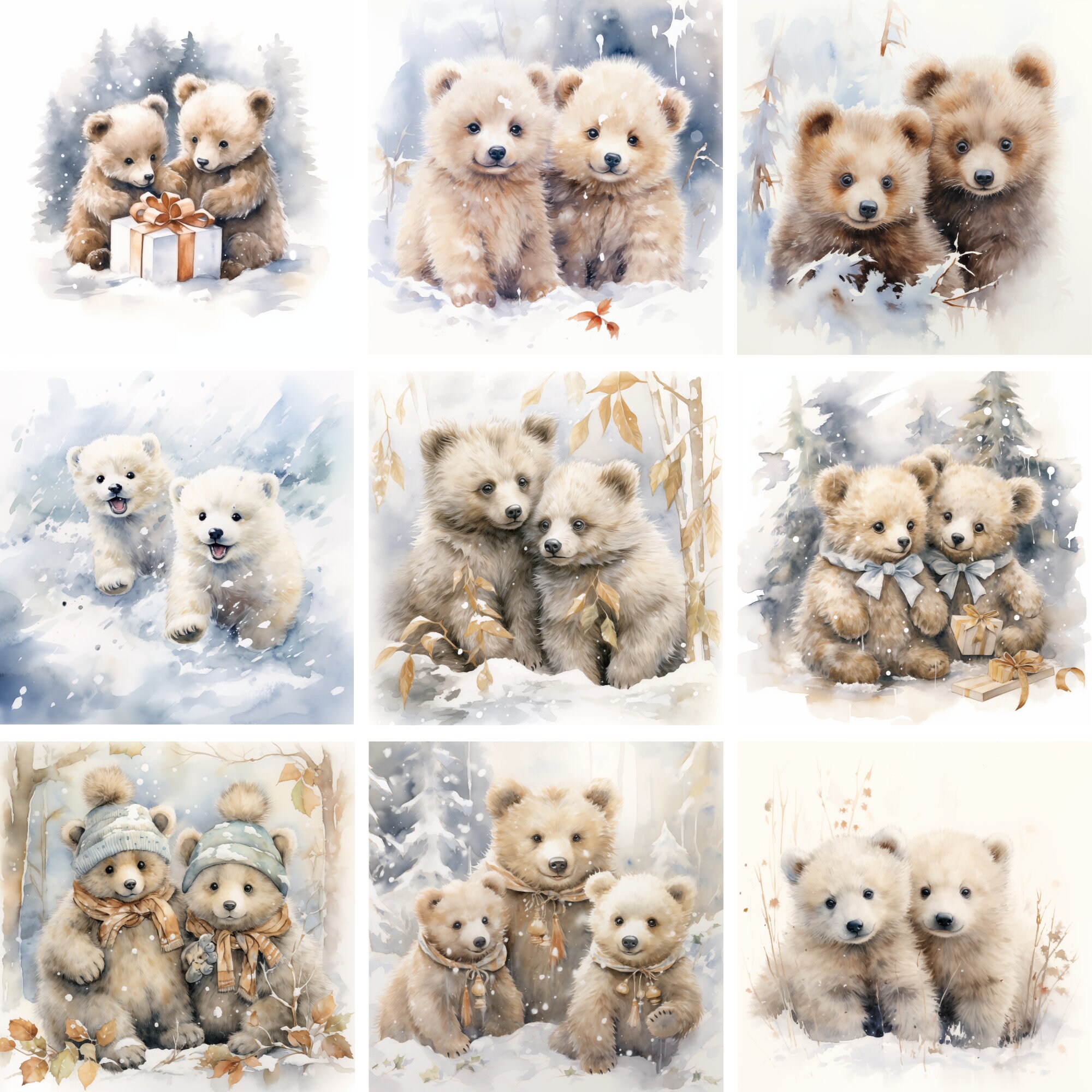 Winter Bears Watercolor Clipart Cozy Christmas Card and Wall Art Bundle ...