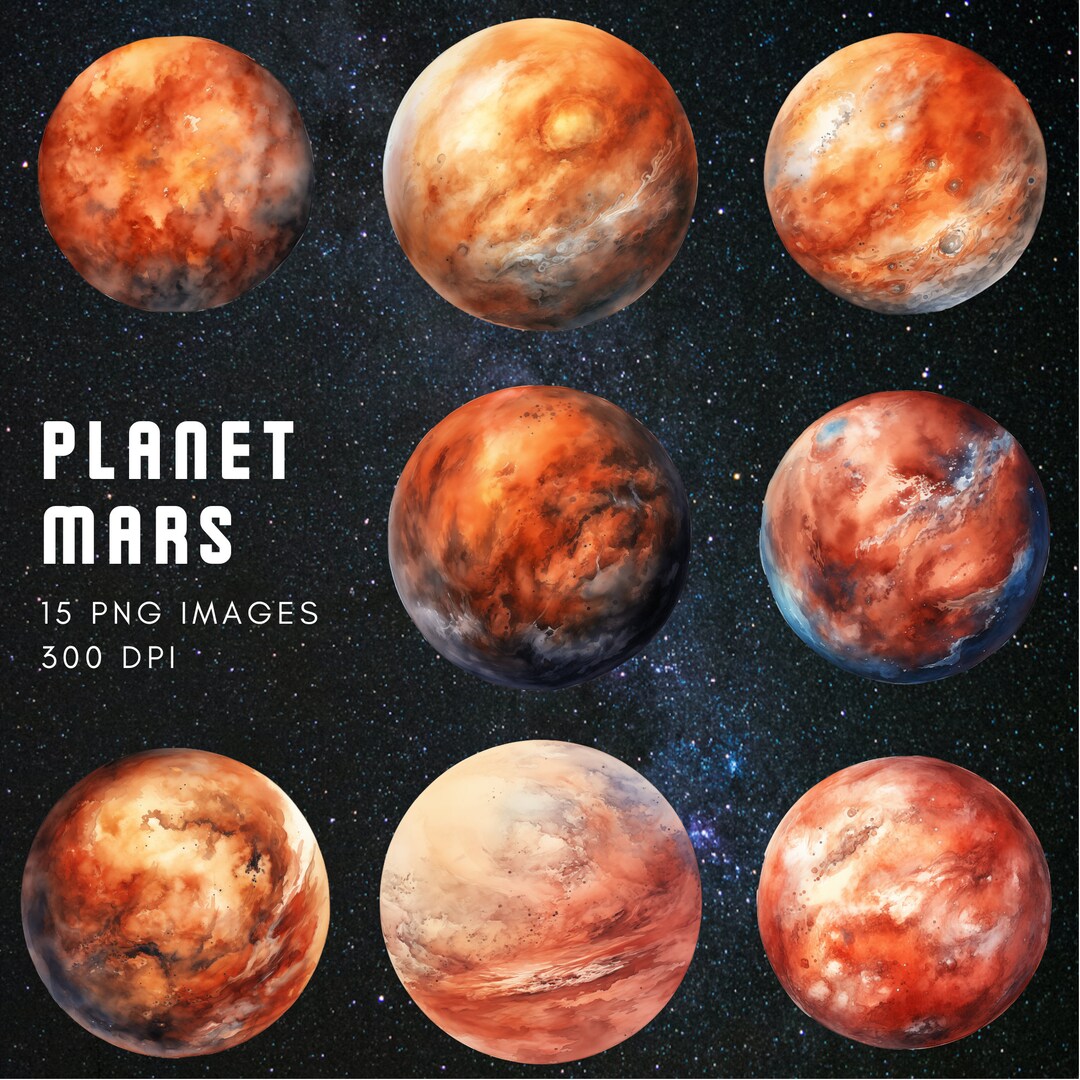 Planet Mars Watercolor Clipart Bundle Detailed Solar System Art for ...