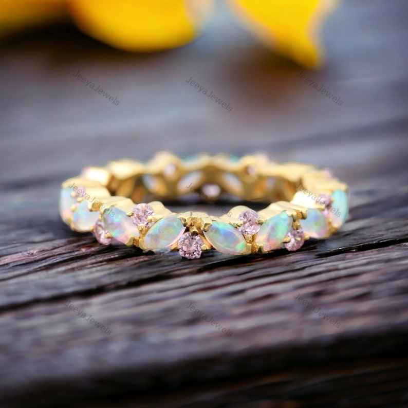 Marquise Cut Fire Opal Band Vintage Rose Gold Wedding Band Full ...
