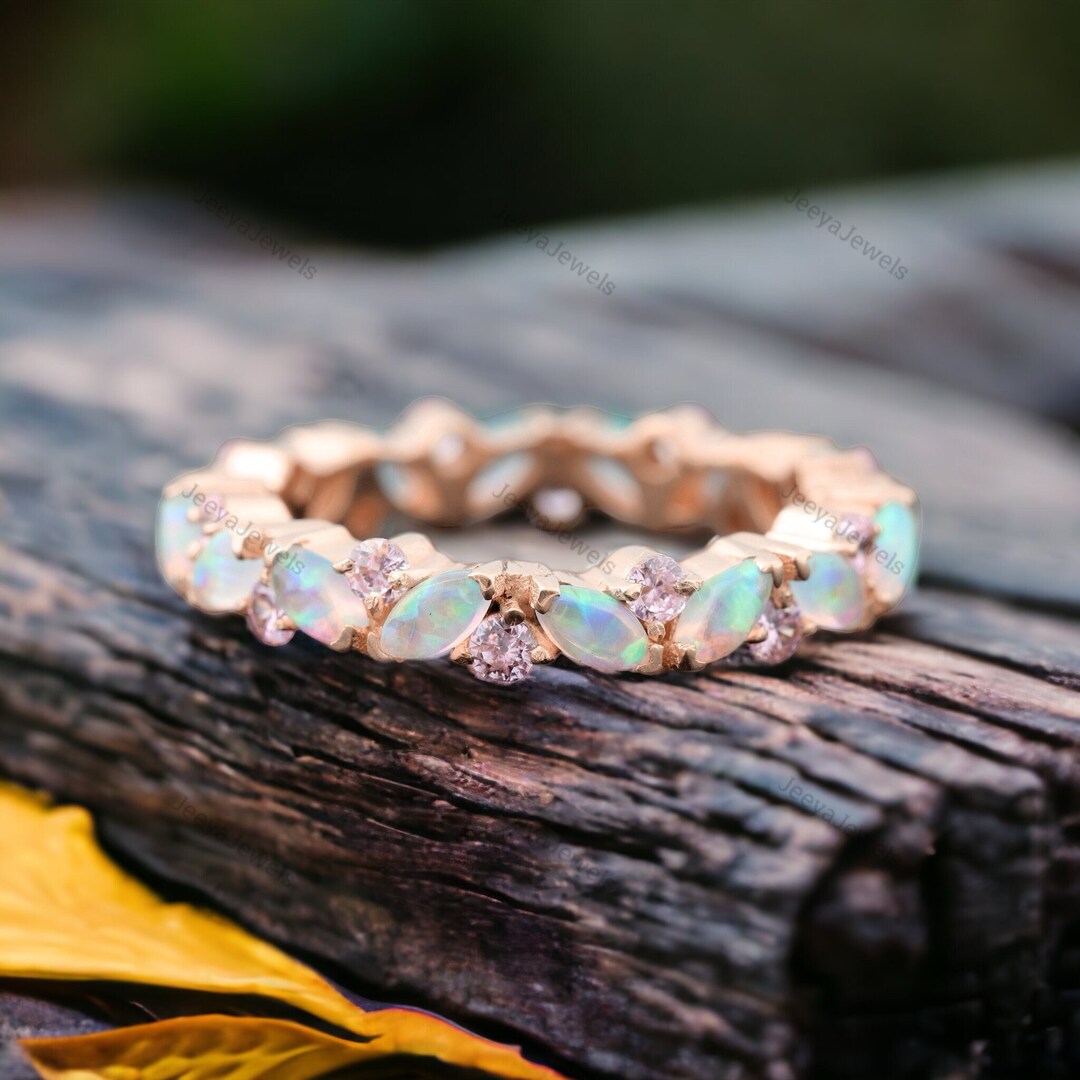 Marquise Cut Fire Opal Band Vintage Rose Gold Wedding Band Full ...