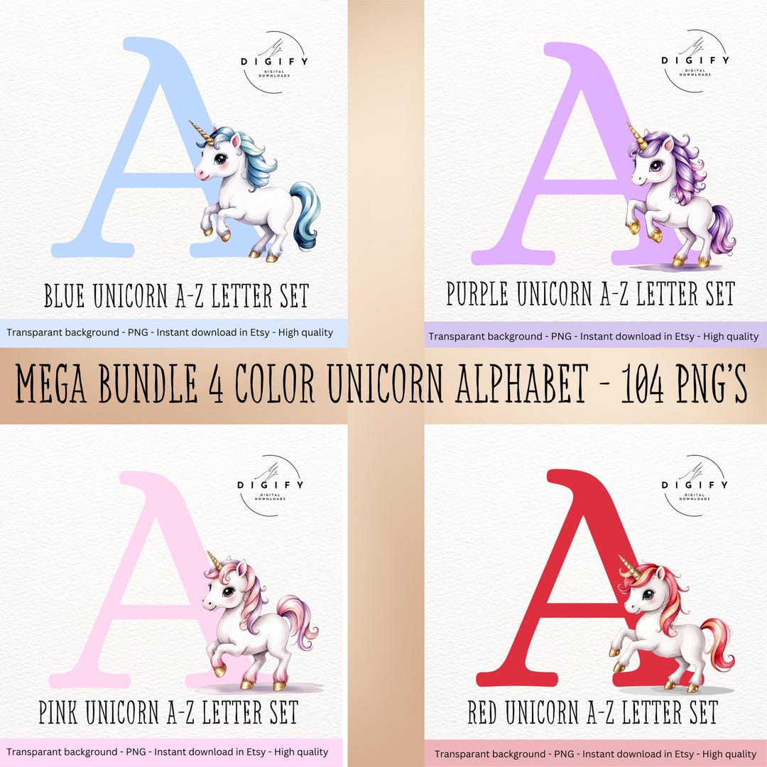 Lettres de l'alphabet PNG - Clipart Bundle - Licorne aquarelle PNG ...