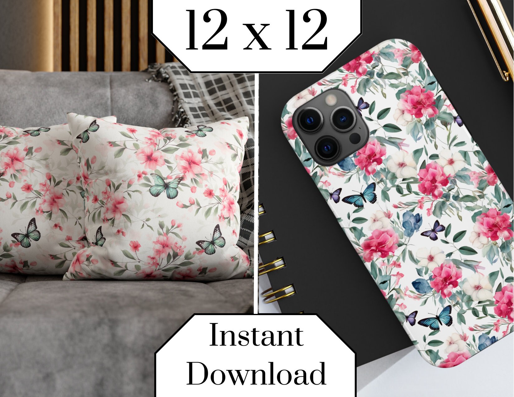 Butterfly Watercolor Floral Seamless Patterns, 12 Digital Papers ...
