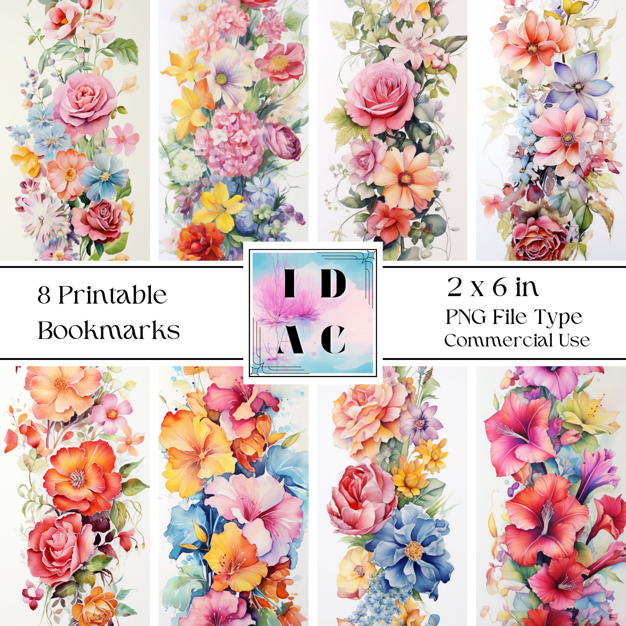 Watercolor Floral Printable Bookmarks, 8 Digital Designs, 2 X 6 Inch ...