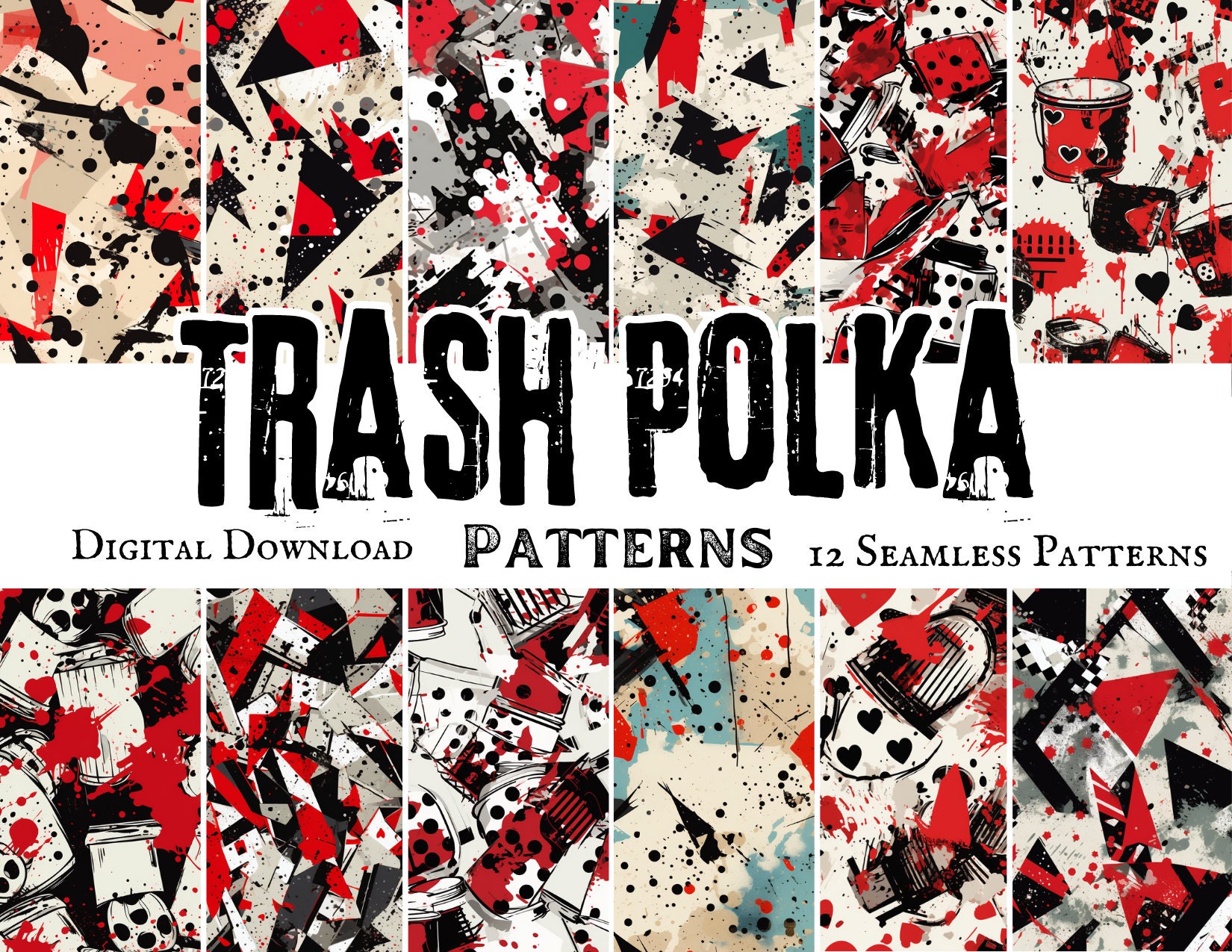 Trash Polka Seamless Patterns, 12 Digital Papers, Grunge Aesthetic ...