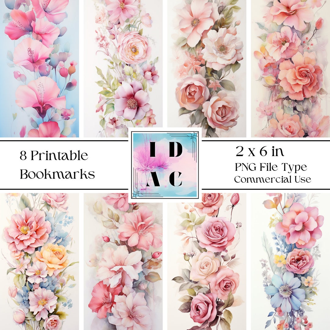 Soft Watercolor Floral Printable Bookmarks, 8 Digital Designs, 2 X 6 ...