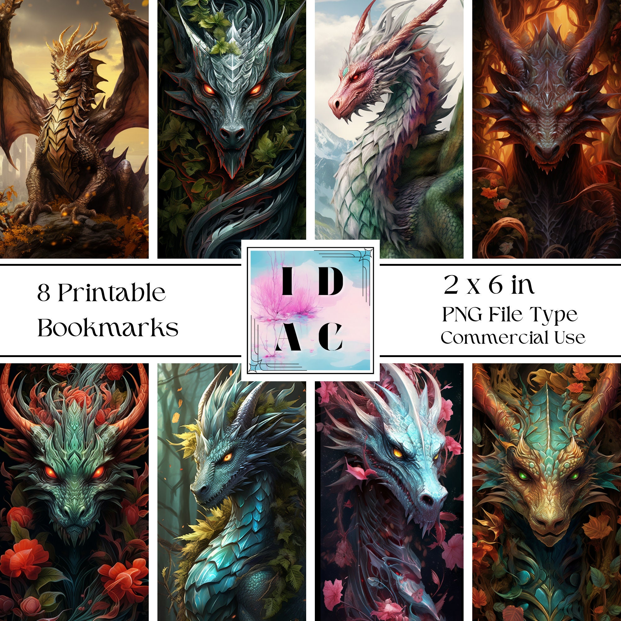 Fantasy Dragons Printable Bookmarks, 8 Digital Designs, 2 X 6 Inch ...