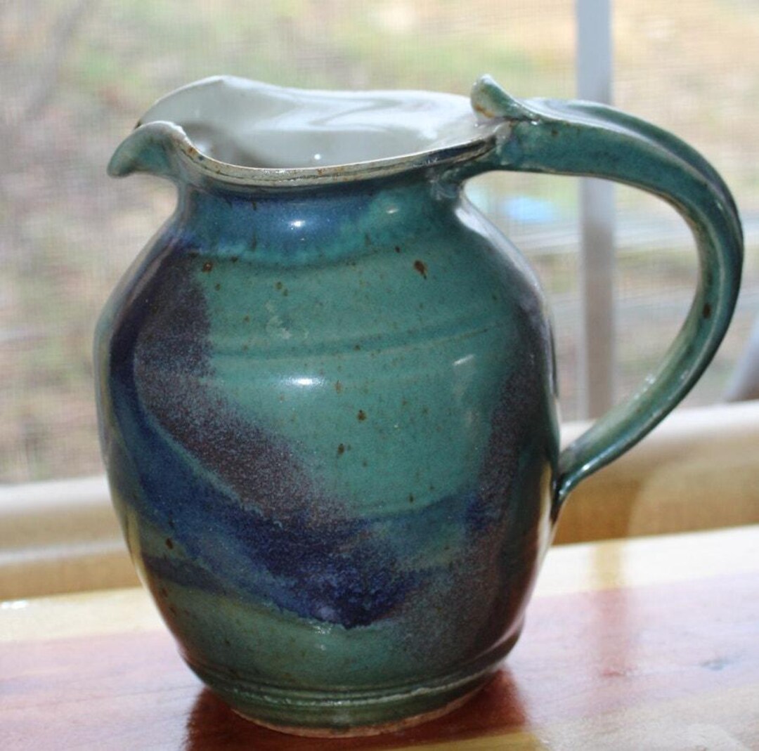 Signed Handmade Stoneware Pitcher With Green and Blue Glaze. - Etsy