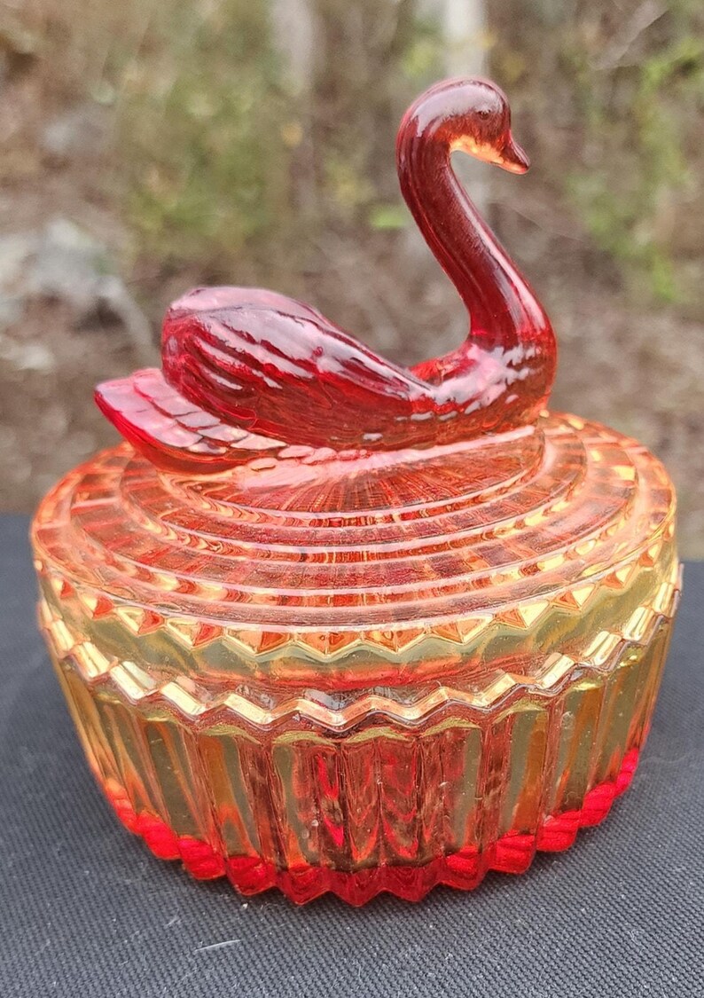 Vintage Jeanette Amberina Glass Powder Jar & Swan Lipstick Holder Lid ...