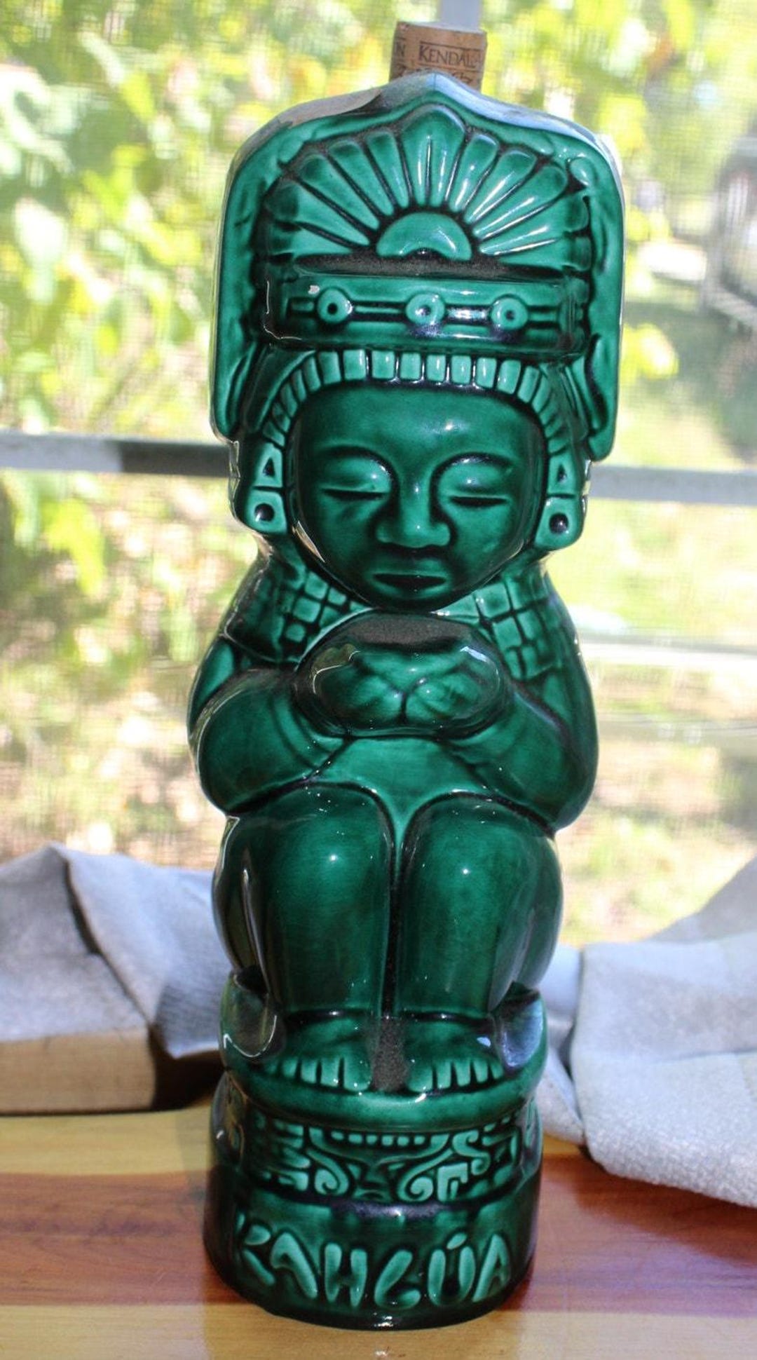 VTG Kahlua Jade Green Glazed Tiki Aztec Mayan Ceramic Decanter Bottle ...