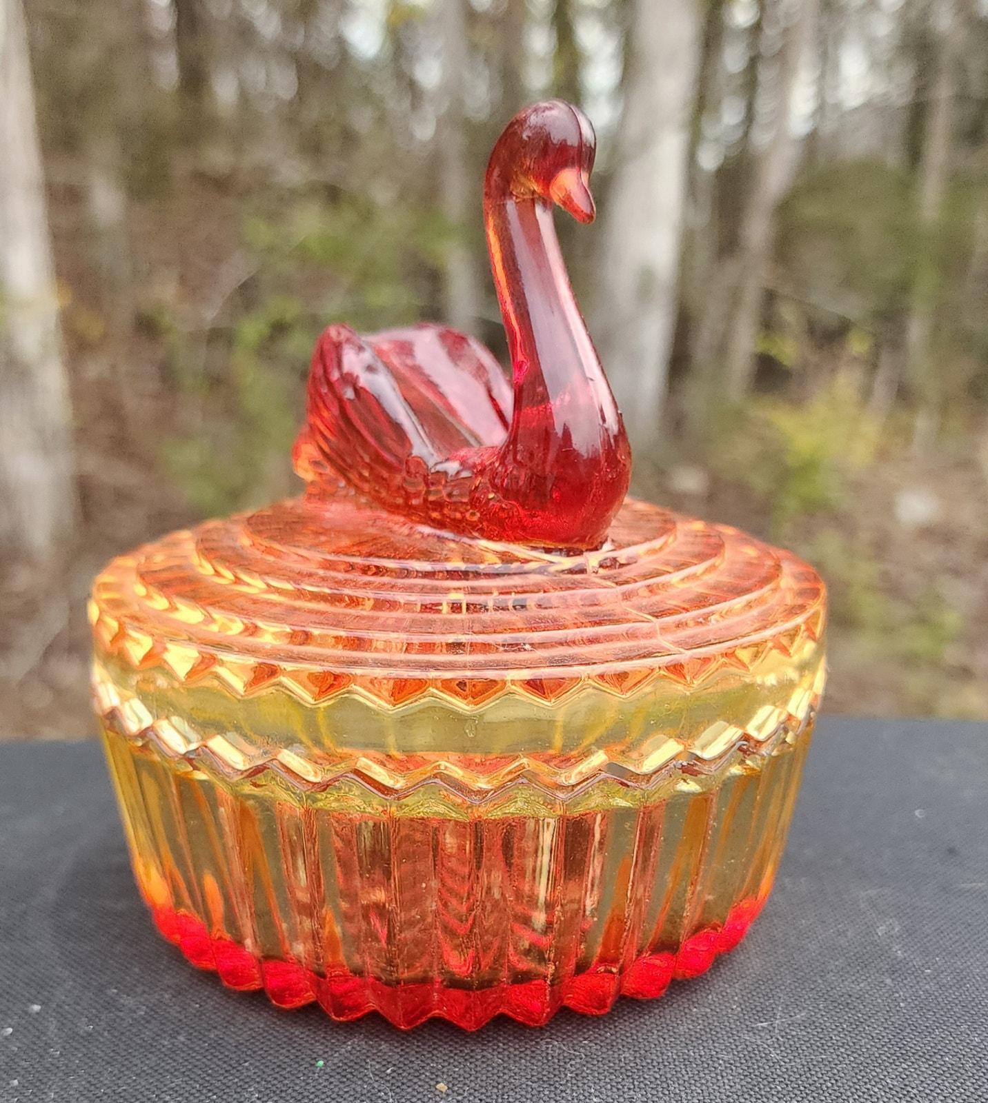 Vintage Jeanette Amberina Glass Powder Jar & Swan Lipstick Holder Lid ...