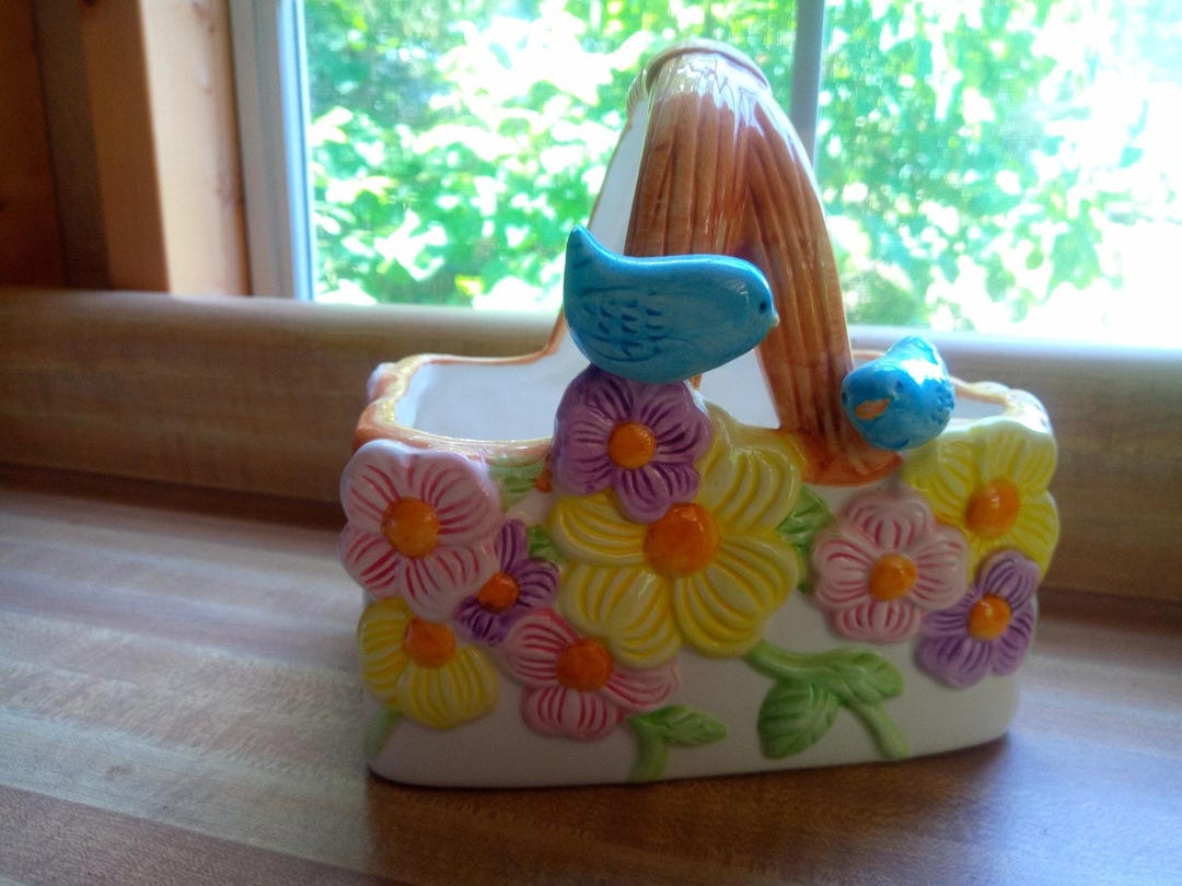 Teleflora Gift Ceramic Basket ~ Flowers & Bluebirds ~ Made in Thailand ...