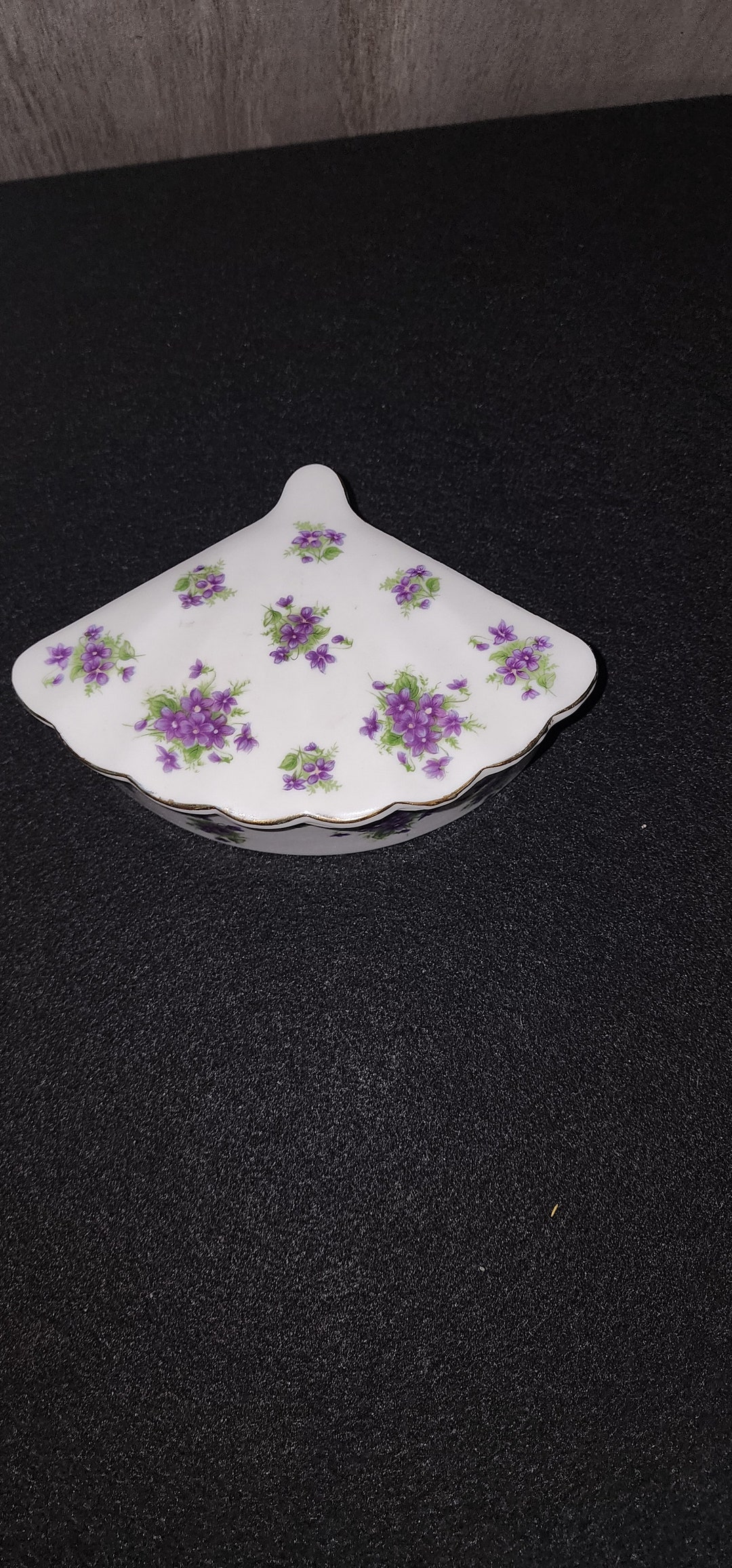 Leftin Fan Shape Trinket Box / Sugar Cube Box Purple and Gold Floral ...