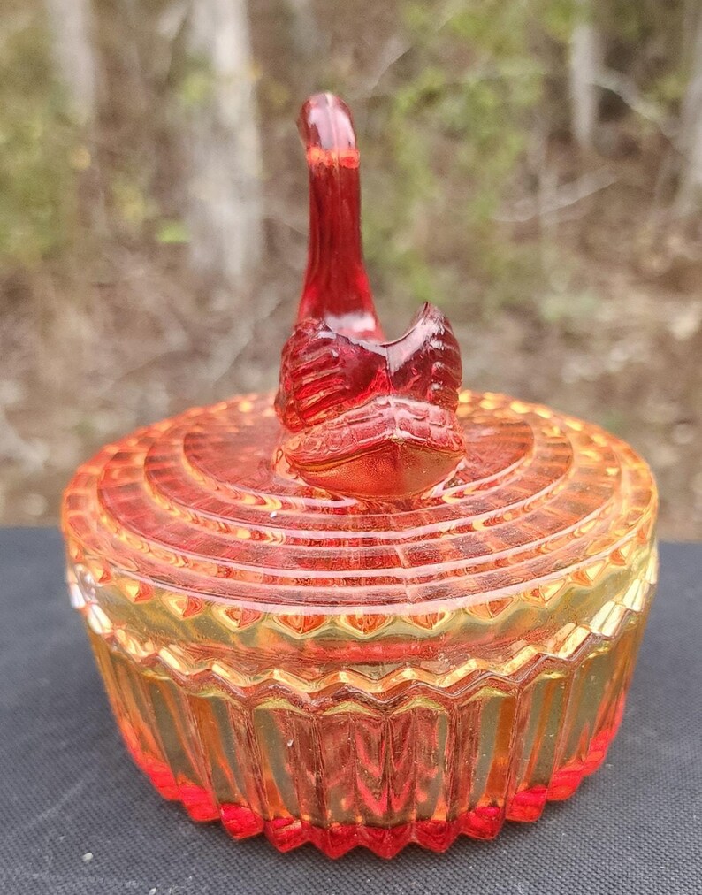 Vintage Jeanette Amberina Glass Powder Jar & Swan Lipstick Holder Lid ...