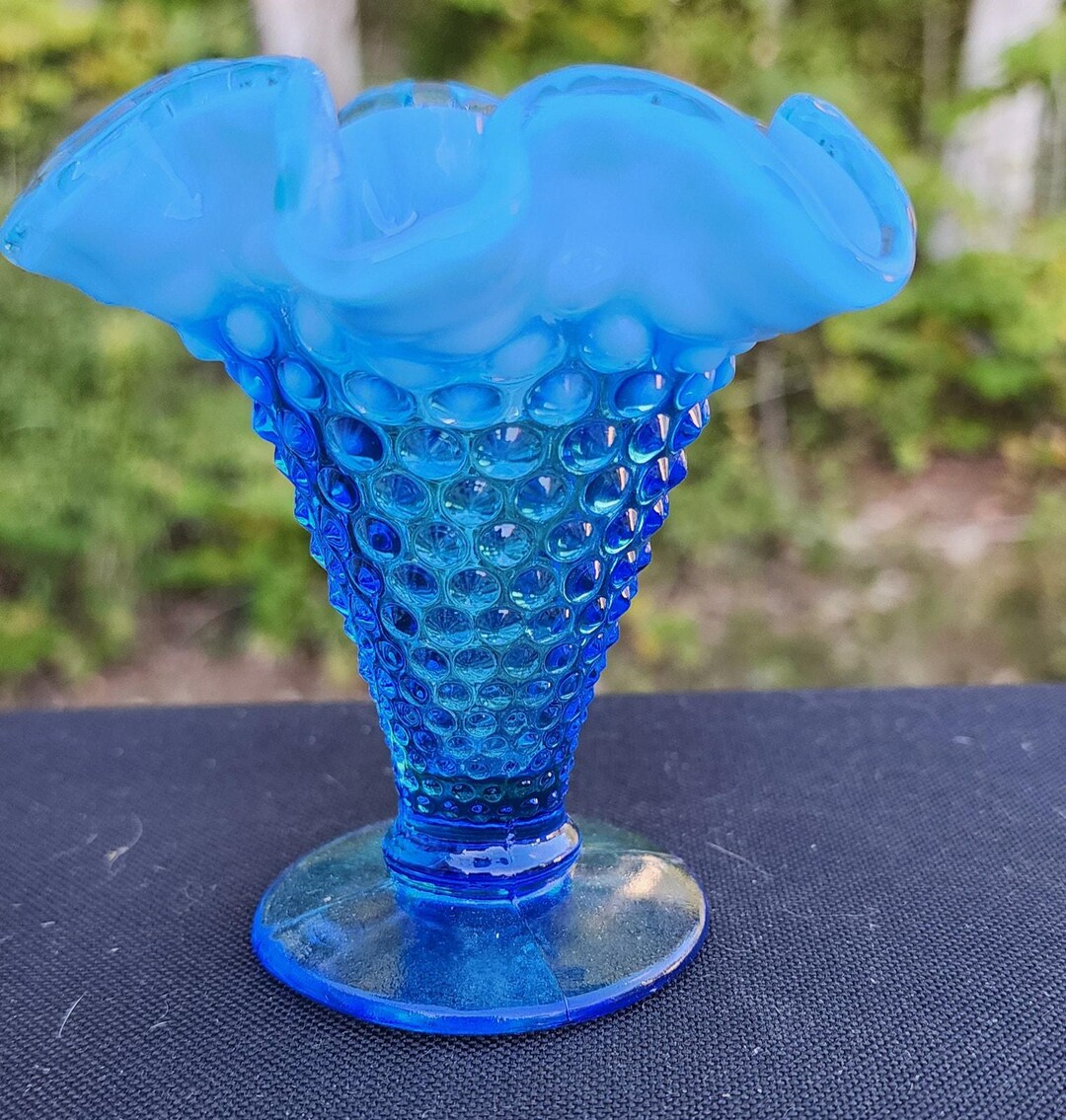 4" FENTON Hobnail Blue Colonial Blue Double Crimped Footed Vase - Etsy