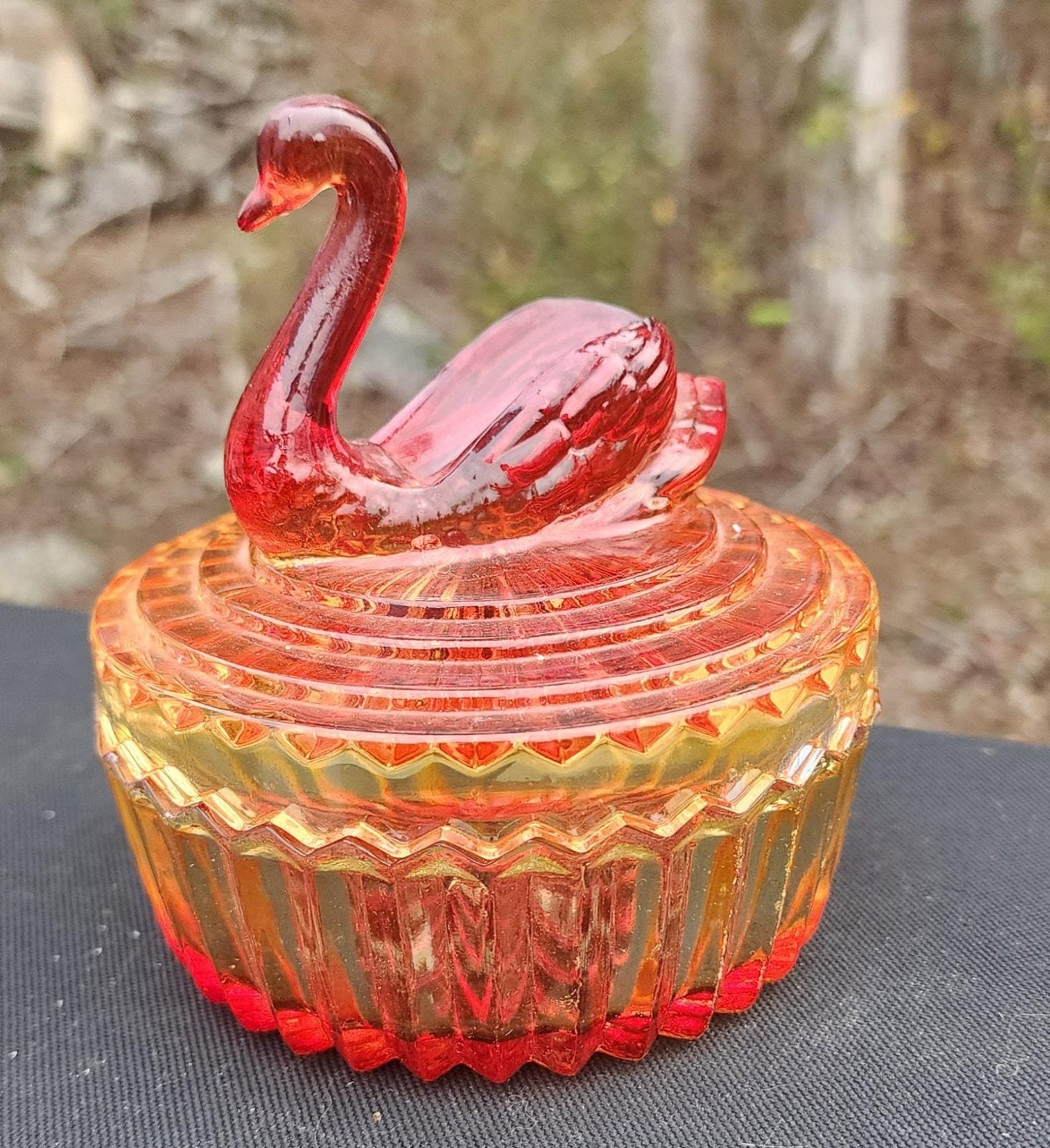 Vintage Jeanette Amberina Glass Powder Jar & Swan Lipstick Holder Lid ...