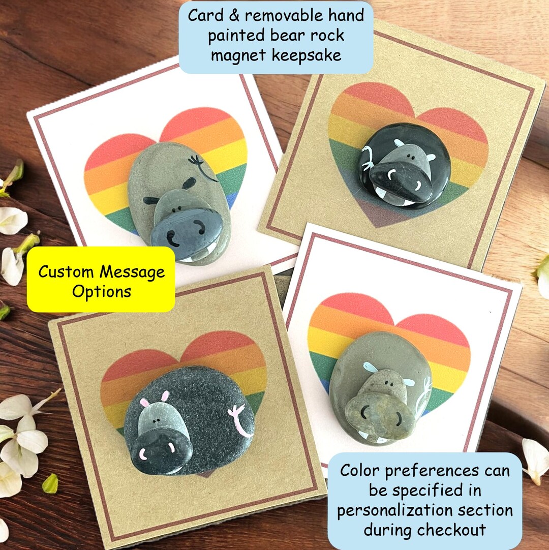 LGBTQ Rainbow Heart Card With Hand Painted Rock Hippo Magnet Includes ...