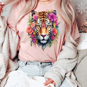 Watercolor Floral Tiger Shirt, Boho Tiger Tee, Wild Animal Shirt, Tiger ...
