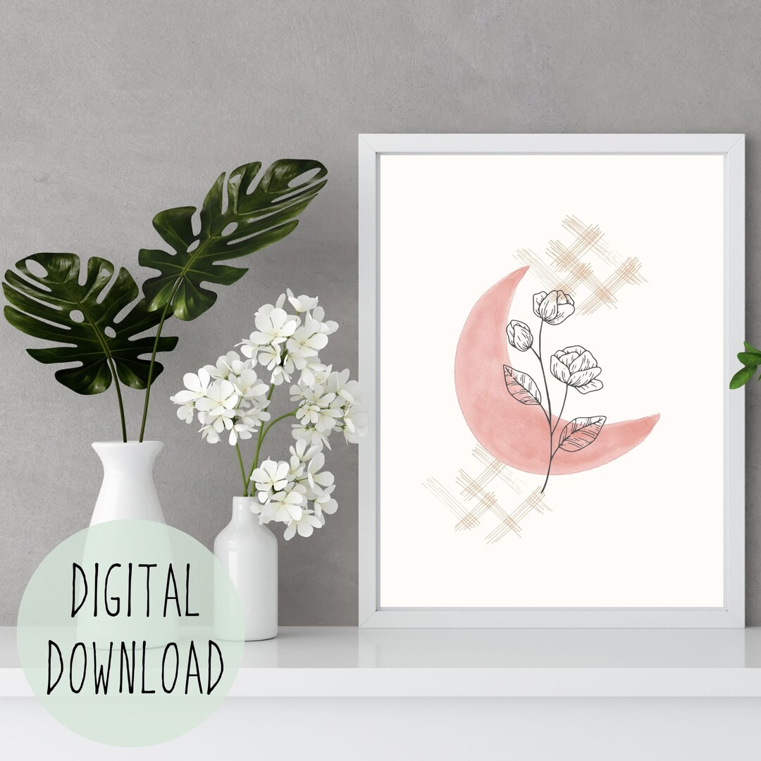 Boho Pink Flower Moon Printable Wall Art | Botanical Luna Gift for ...