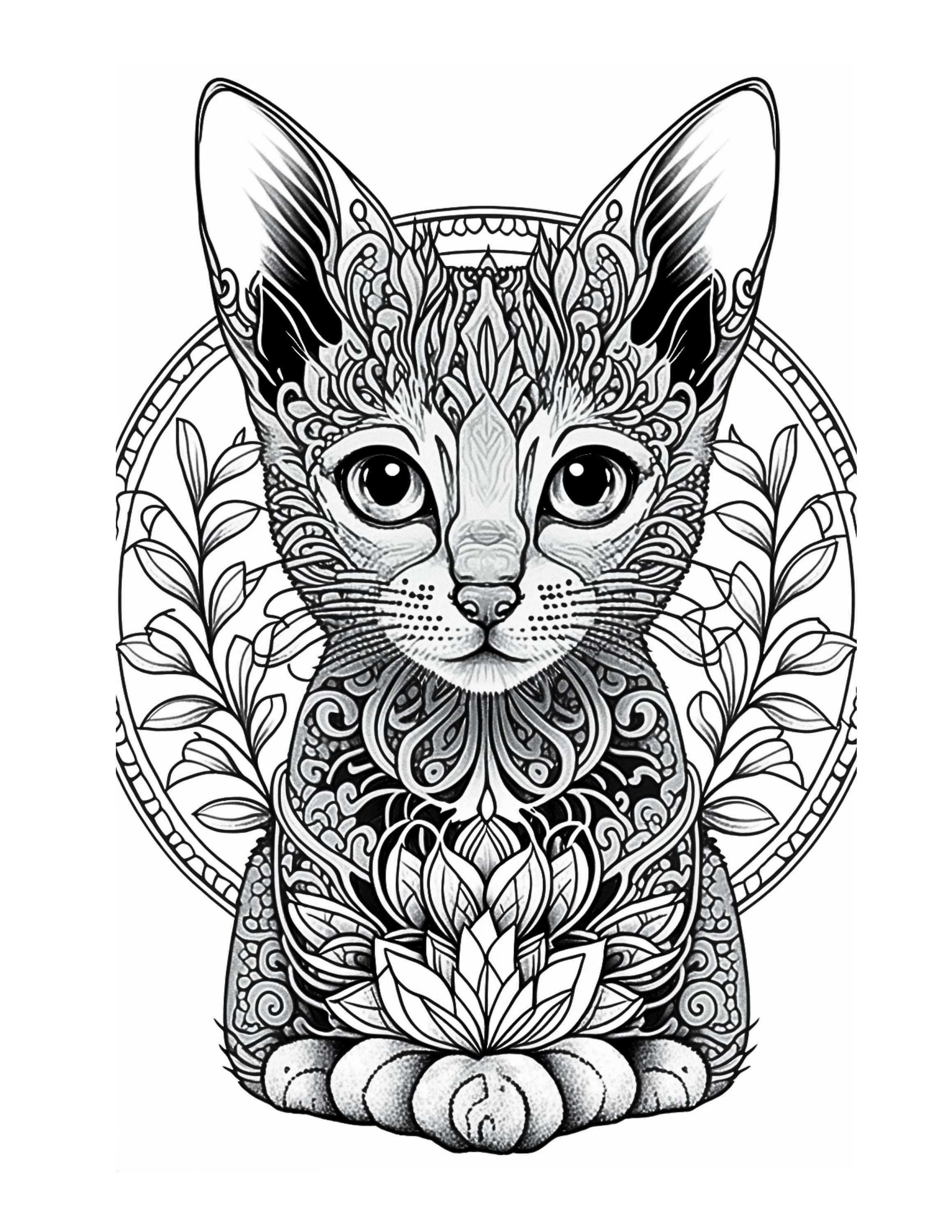 12 Cat Mandala Coloring Pages II _ Instant Download_ Grayscale Coloring ...