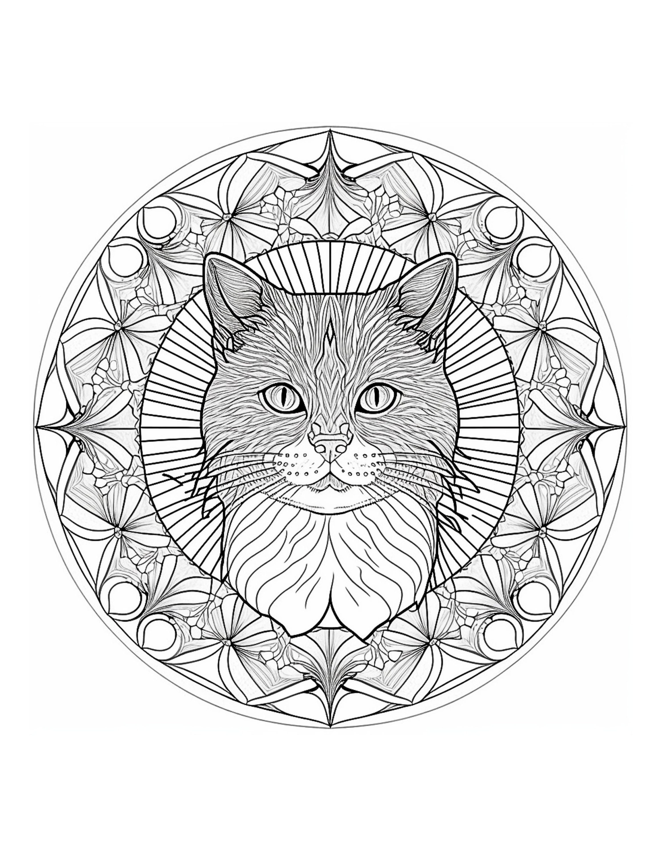 12 Cat Mandala Coloring Pages II _ Instant Download_ Grayscale Coloring ...