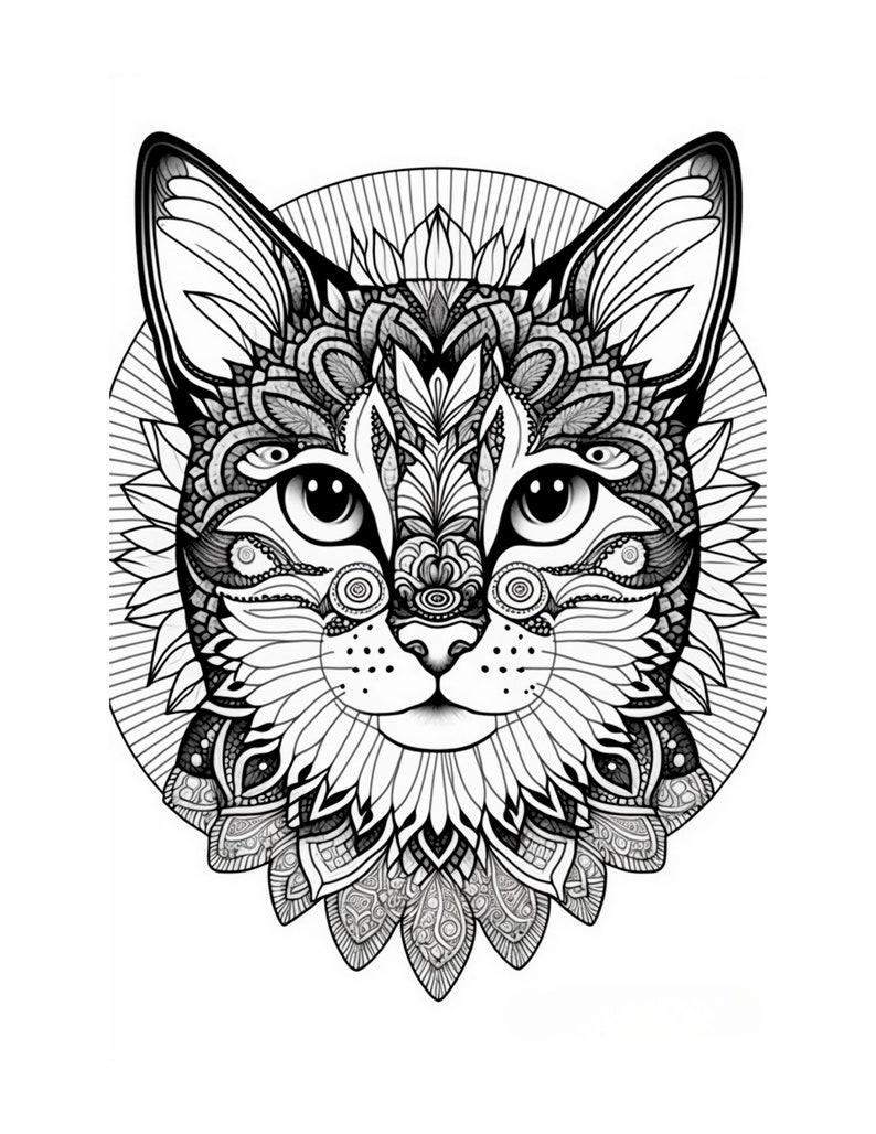 7 Cat Mandala Coloring Pages VII _ Instant Download_ Grayscale Coloring ...