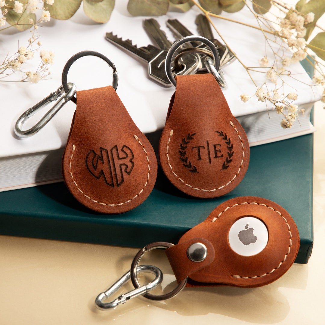 Custom Leather AirTag Keychain, Personalized Full Grain Leather AirTag ...
