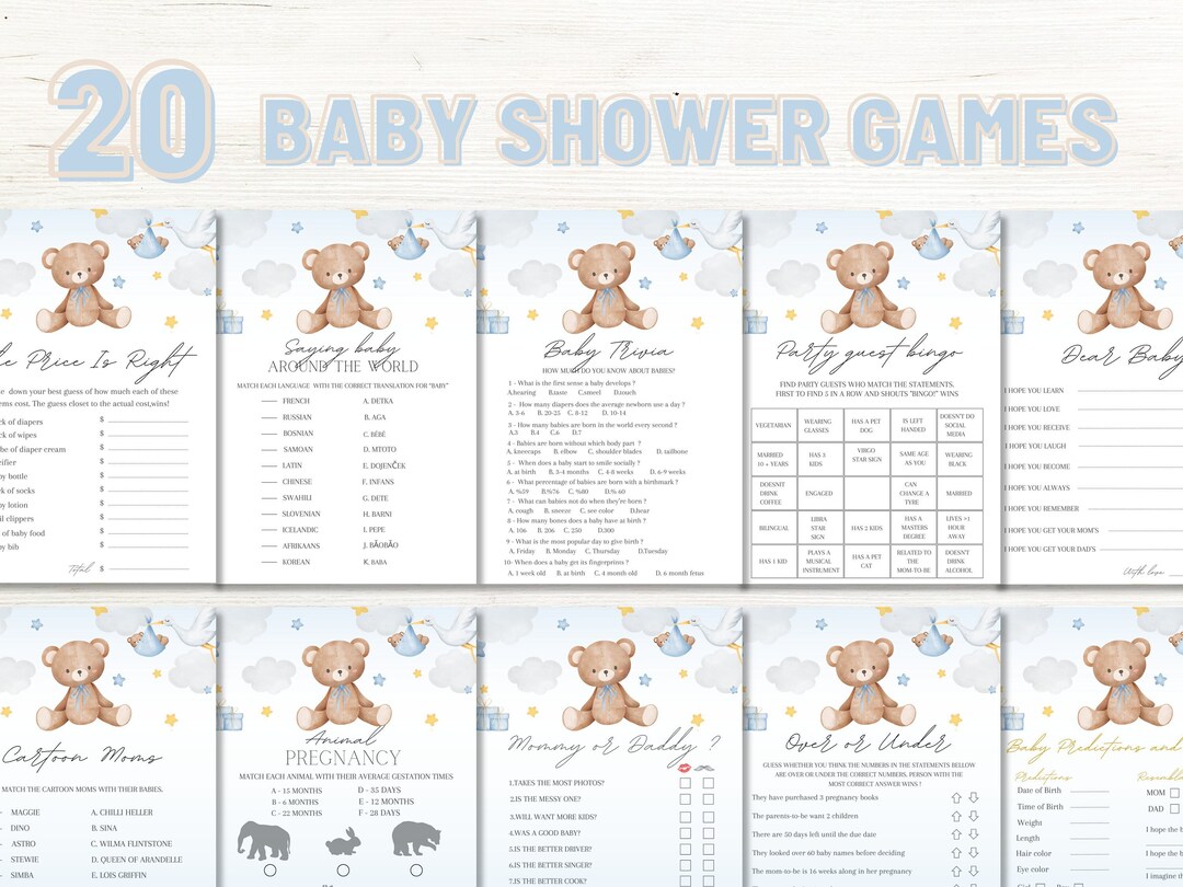 Teddy Bear Baby Shower Games, Boy Baby Shower Game Bundle, Bear Themed ...