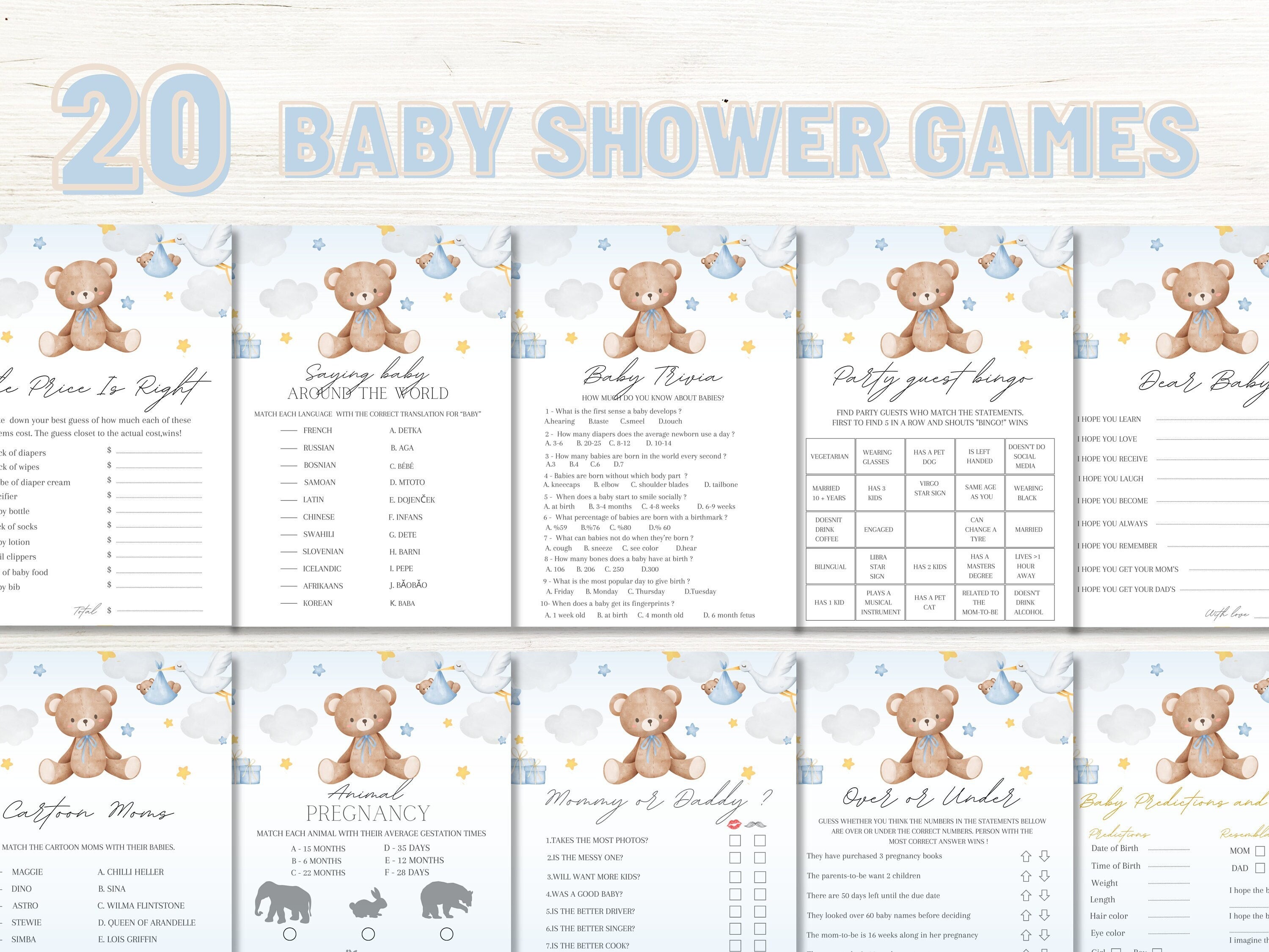 Teddy Bear Baby Shower Games, Boy Baby Shower Game Bundle, Bear Themed Bingo,editable Game, Blue ...